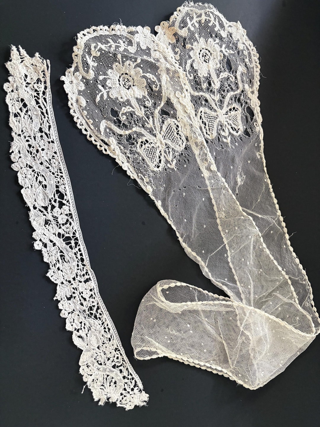 Lot of Antique Lace Items, One Antique Lace Lappet and One Lace Snippet ...