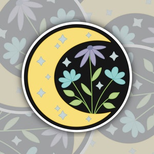 Celestial Floral Moon Sticker, Crescent Moon Decal, Celestial Moon ...