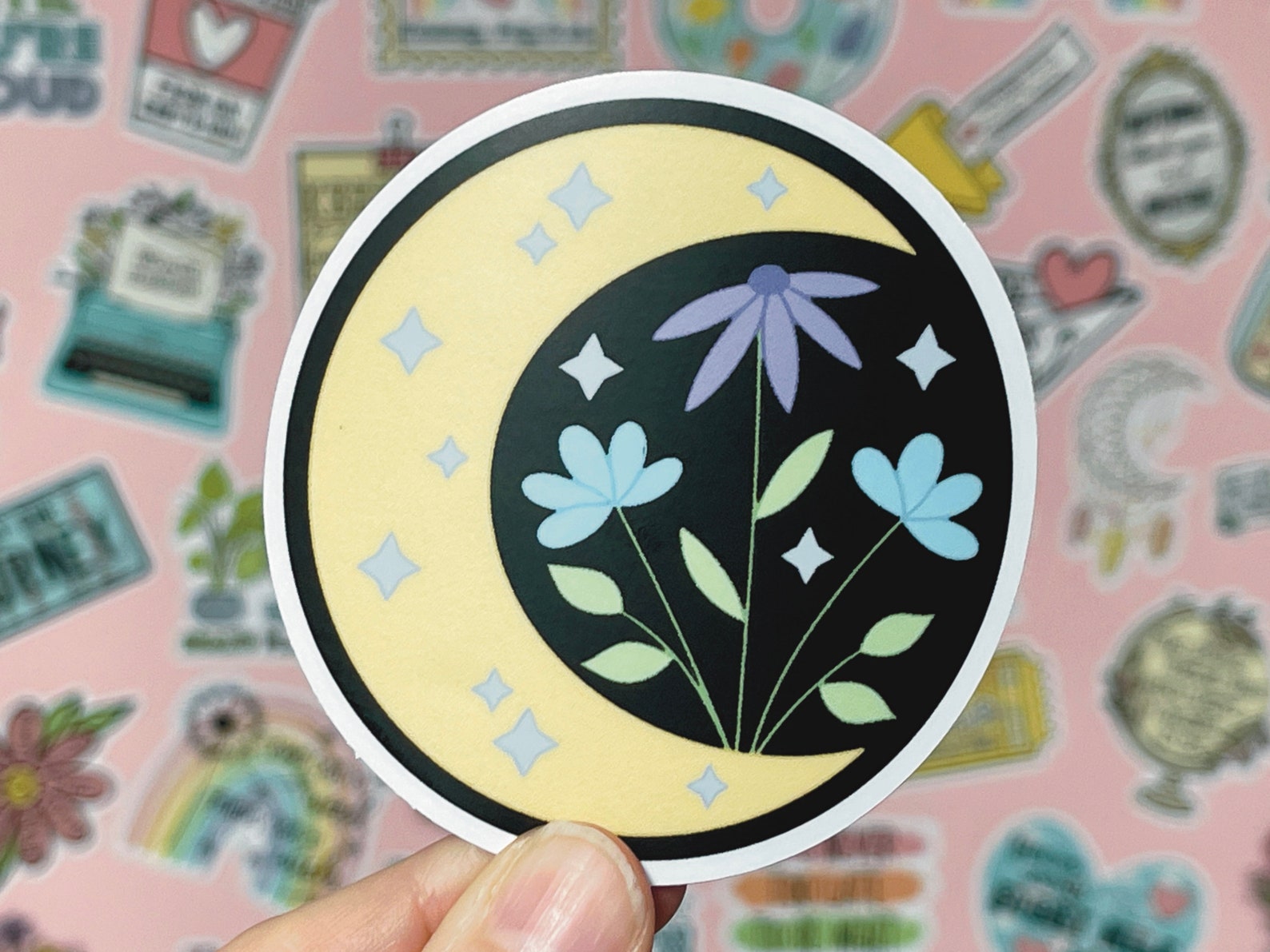 Celestial Floral Moon Sticker Crescent Moon Decal Celestial - Etsy