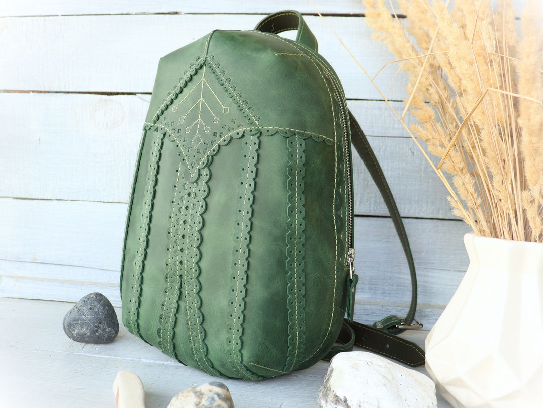 Handmade Green Leather Backpack: Boho Women's Rucksack. - Etsy