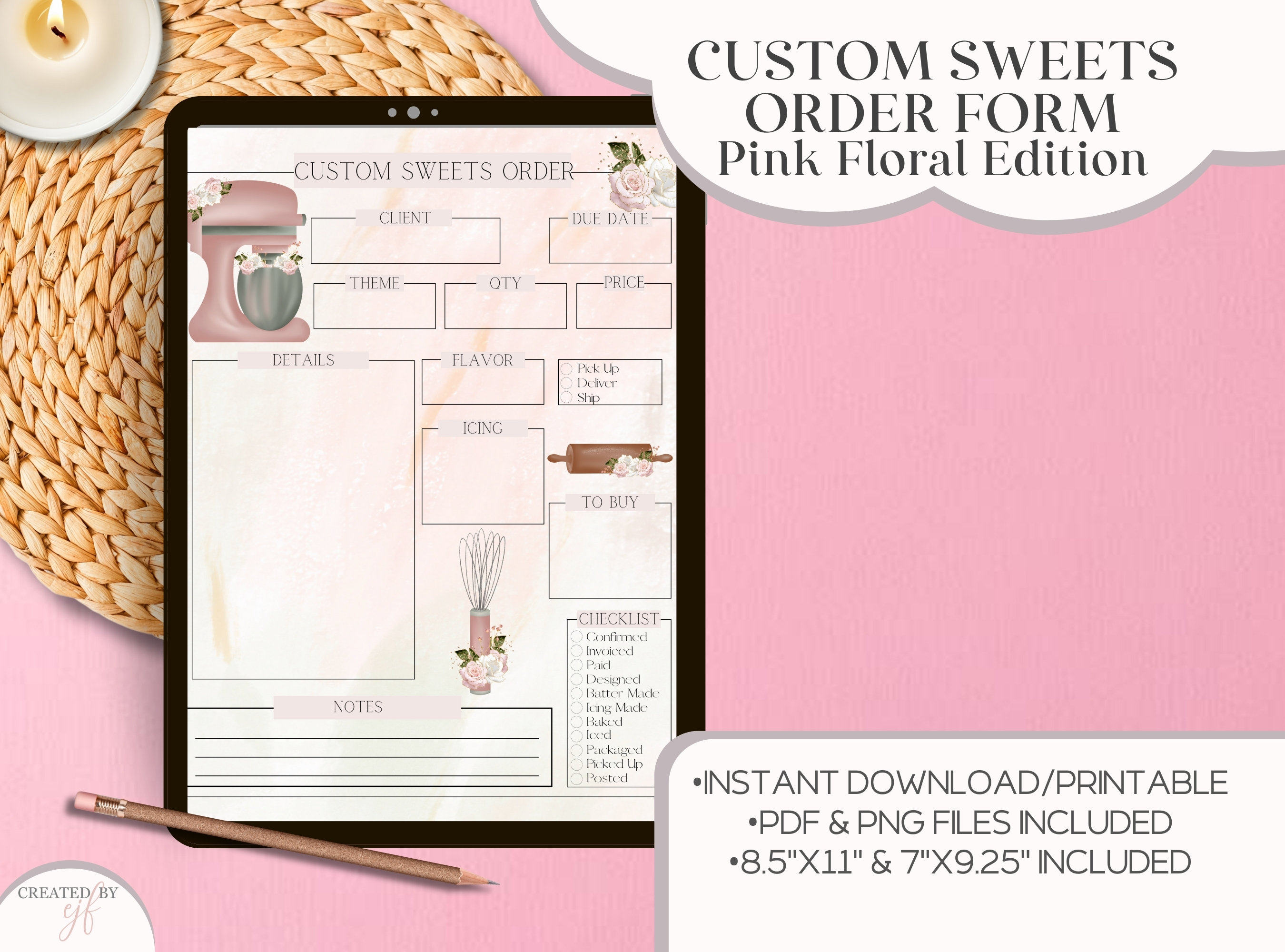 Pink Floral Custom Sweets Order Form, Planner Page, Printable, Digital ...