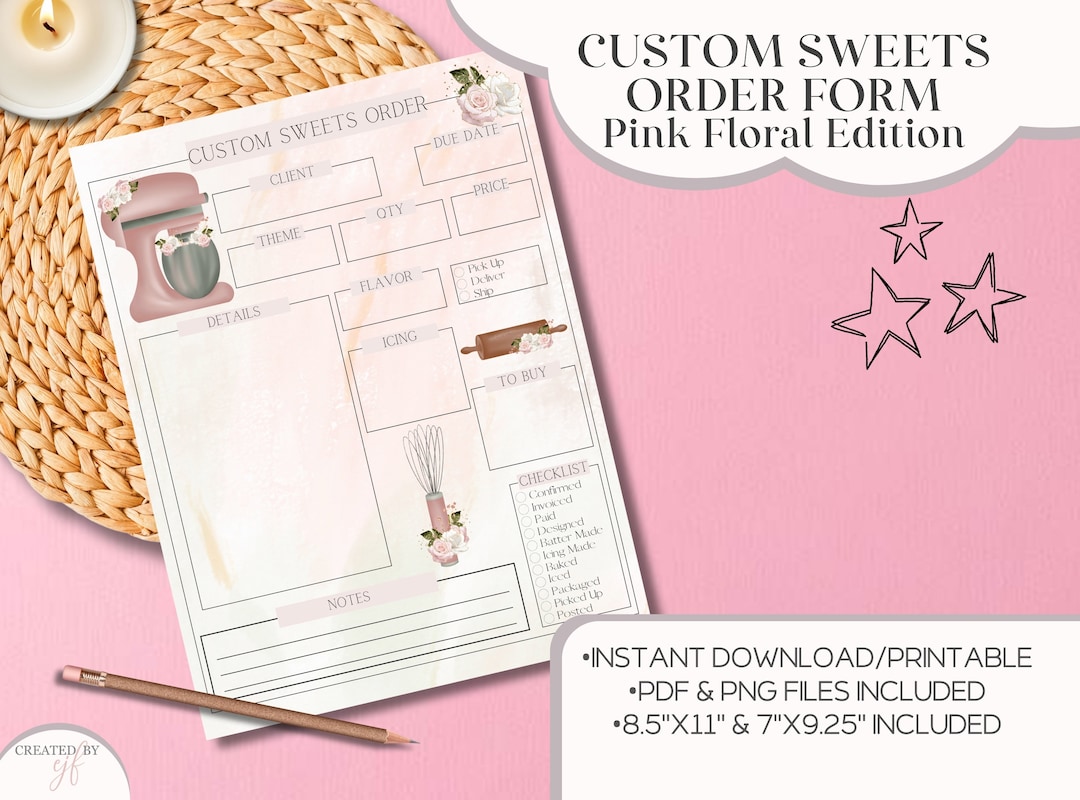 Pink Floral Custom Sweets Order Form, Planner Page, Printable, Digital ...