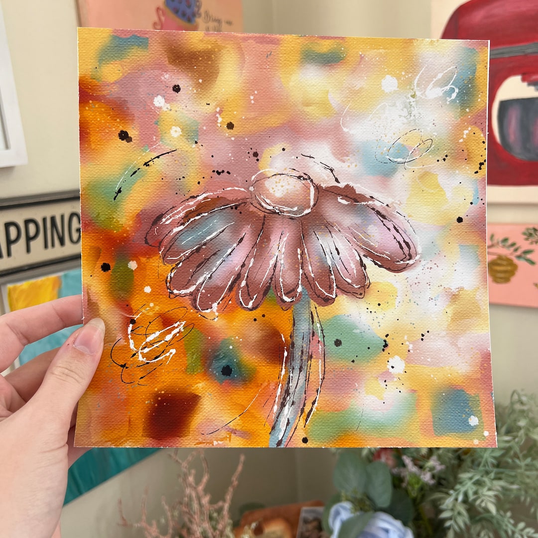 Cheerful Funky Flower Art Print, 8"x8", Hand Drawn Abstract Colorful ...