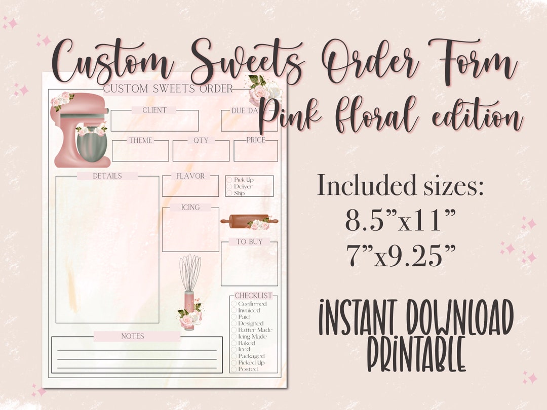 Pink Floral Custom Sweets Order Form Planner Page Printable - Etsy