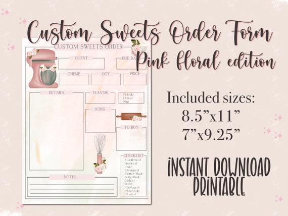 Pink Floral Custom Sweets Order Form Planner Page Printable - Etsy