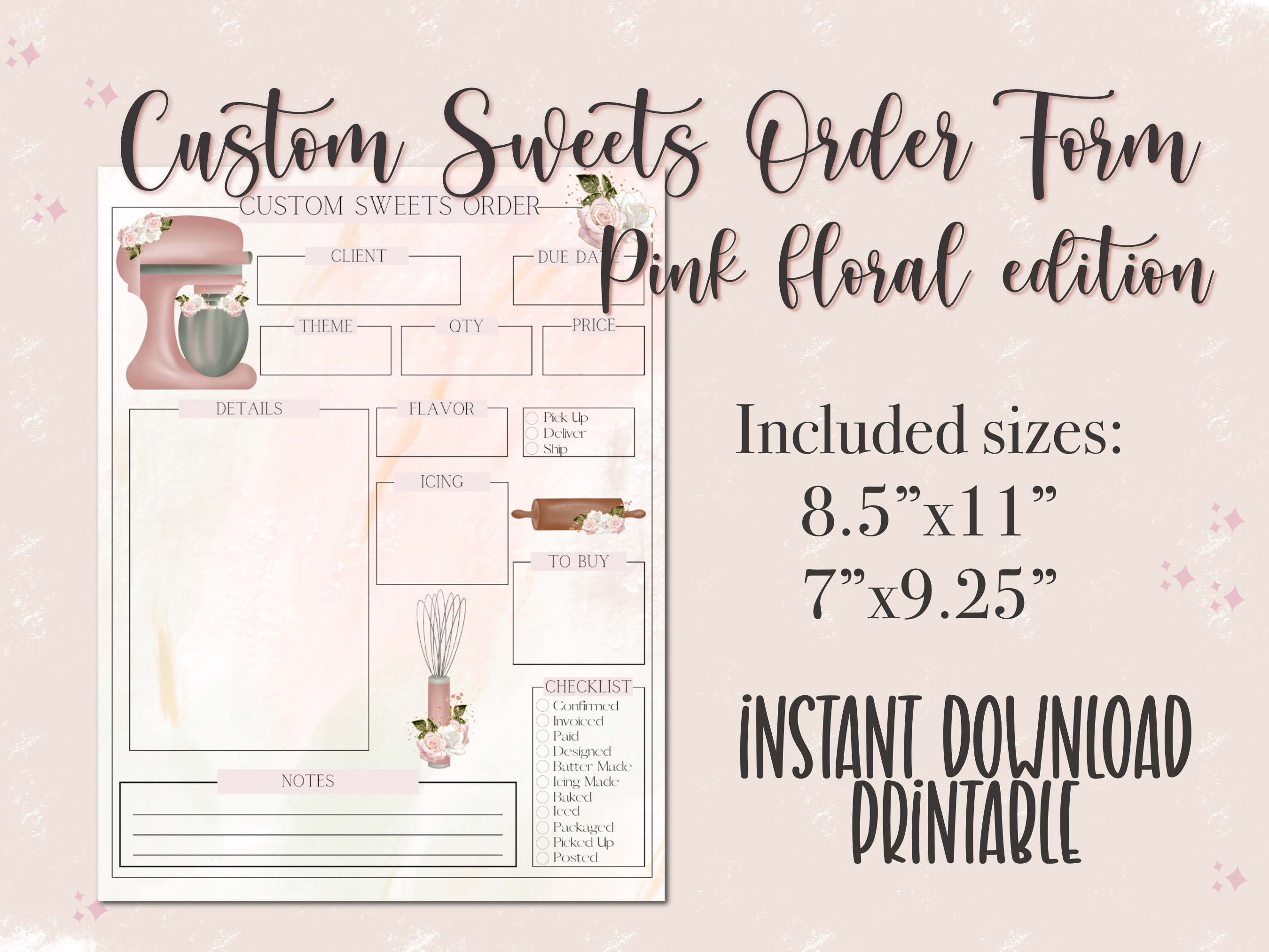 Pink Floral Custom Sweets Order Form, Planner Page, Printable, Digital ...