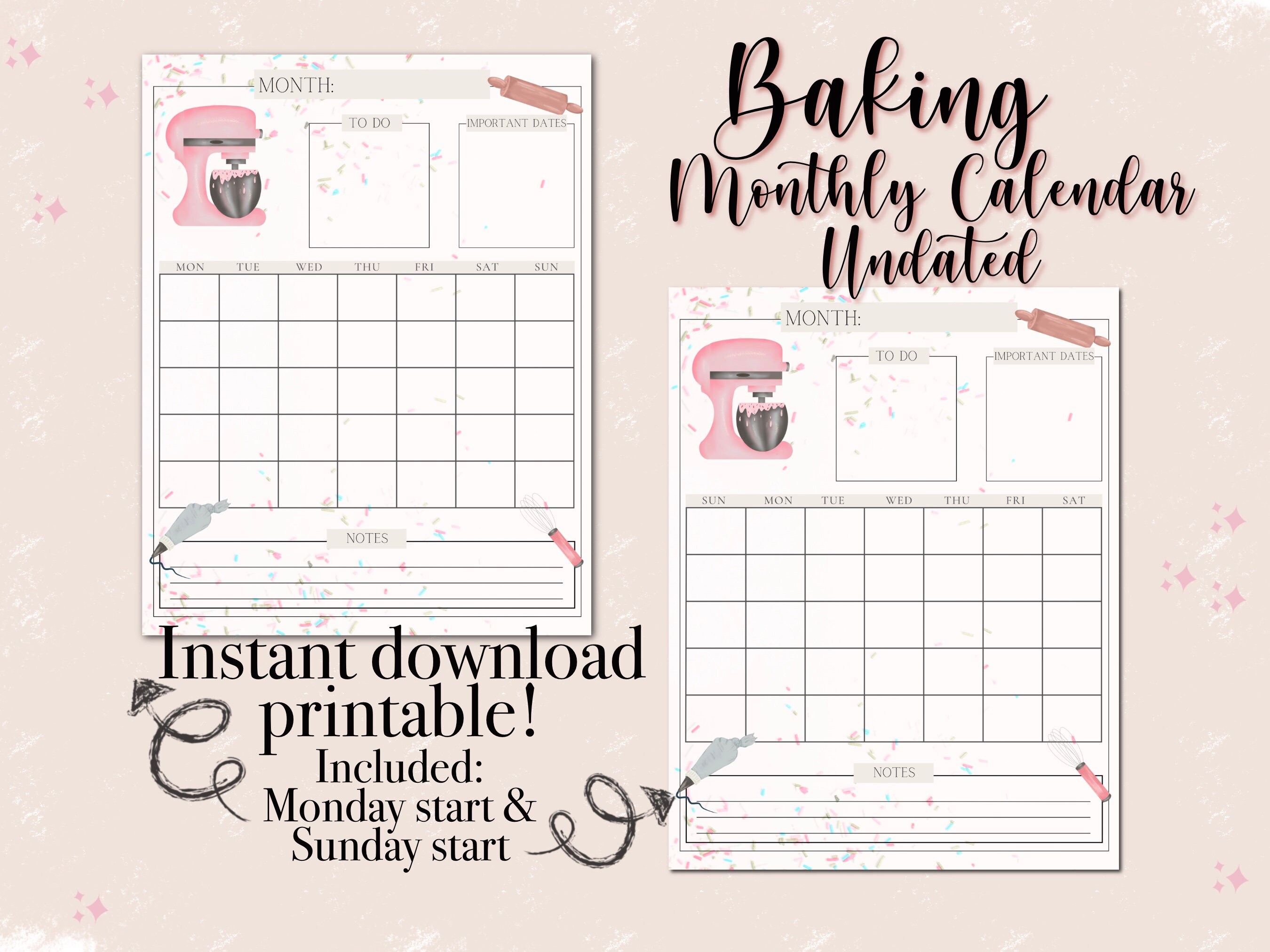 Baking Monthly Calendar Undated, Sprinkle Edition, Planner Page ...