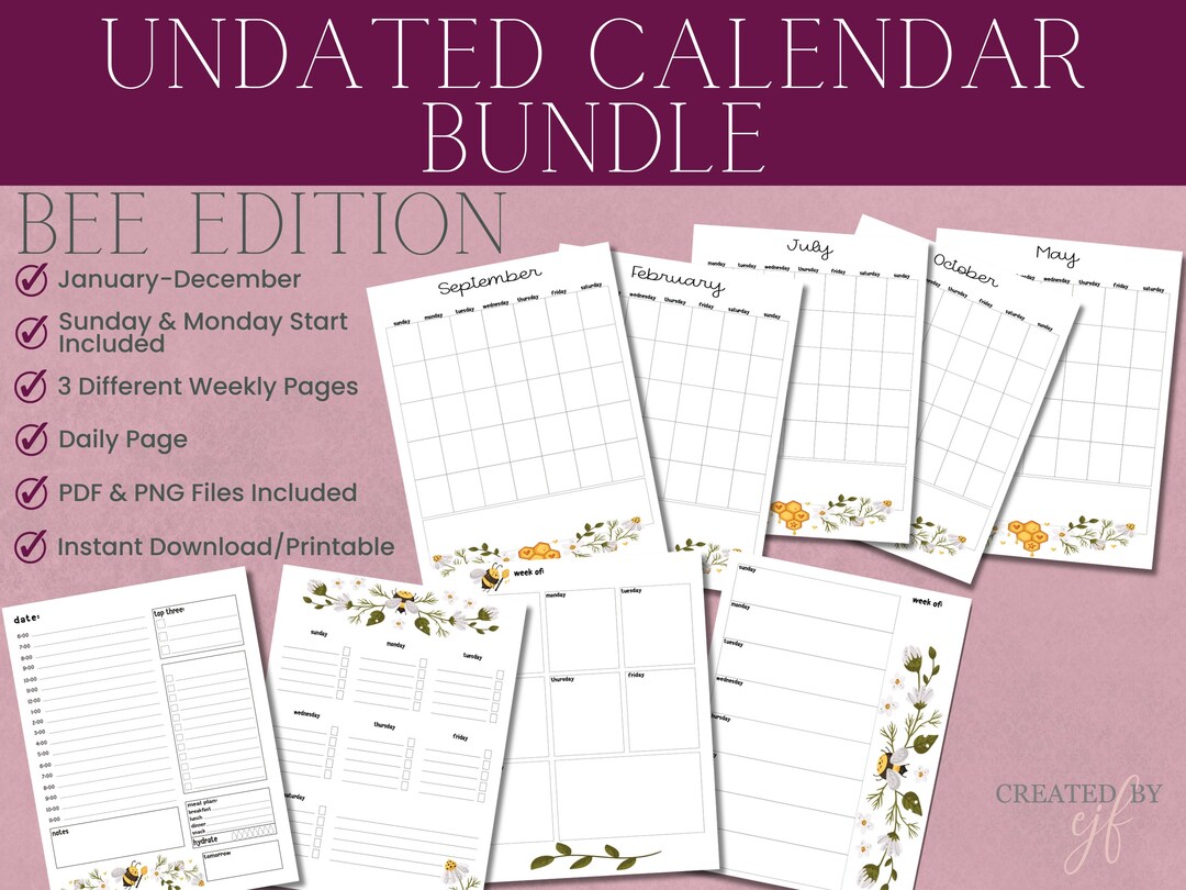 Honeybee Calendar Bundle Printable, Planner Page, Printable Planner ...