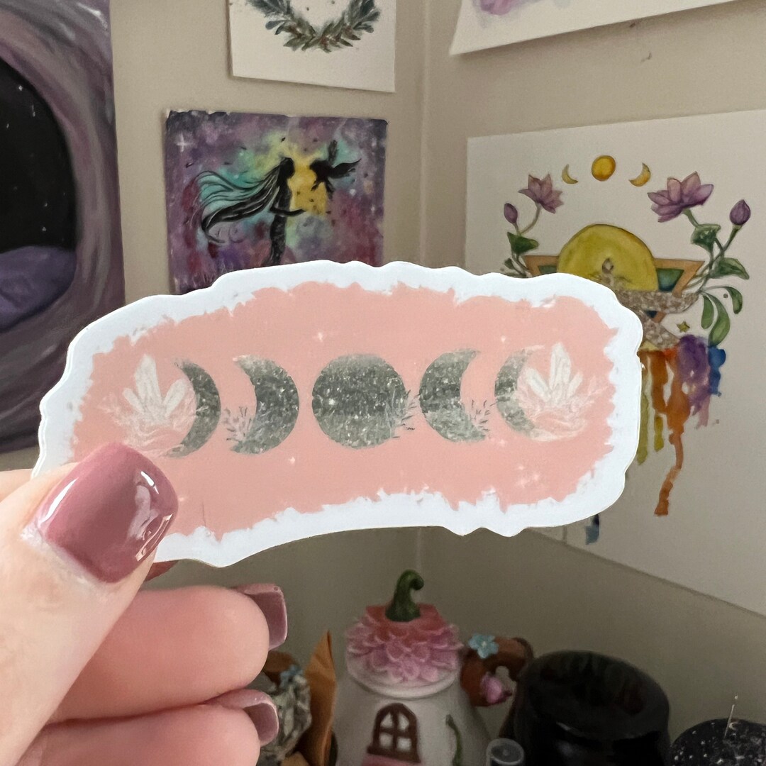 Pink Moon Phases With Crystals Sticker: Laptop, Water Bottle Vinyl ...