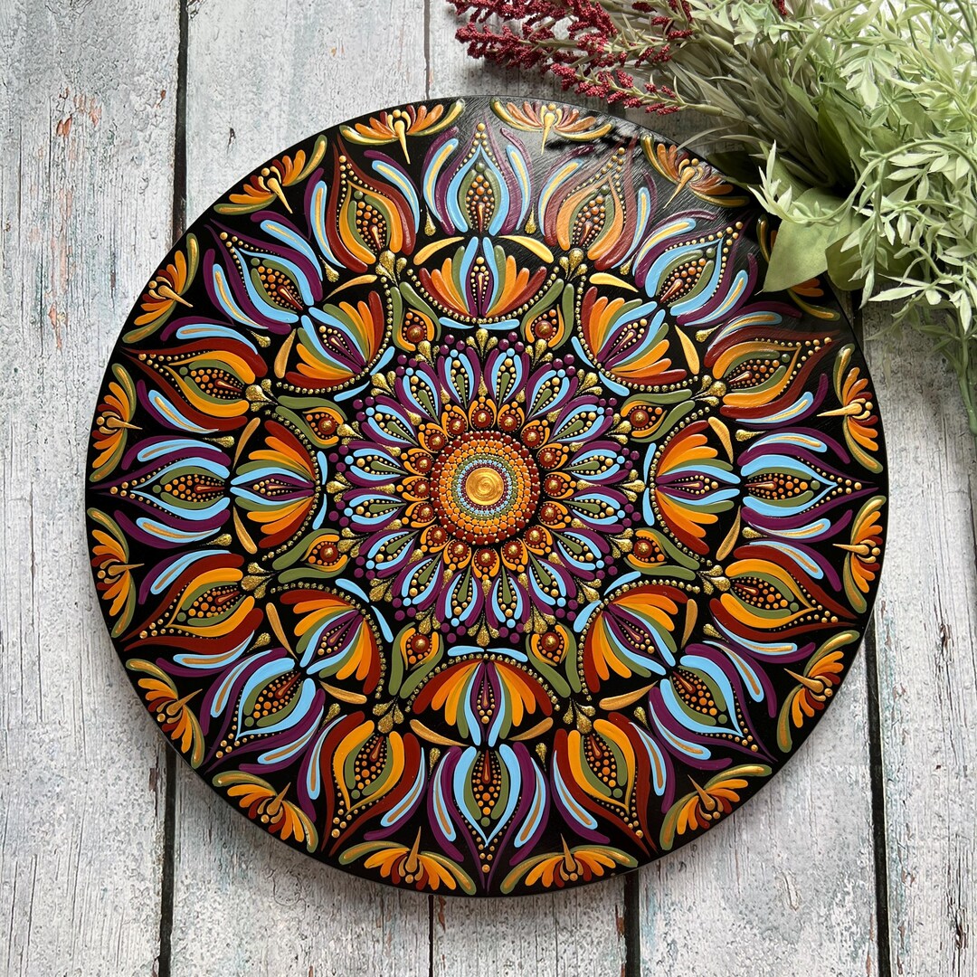 Hand Painted Mandala Round Decorative Lazy Susan Turntable - 13.5 Inch ...