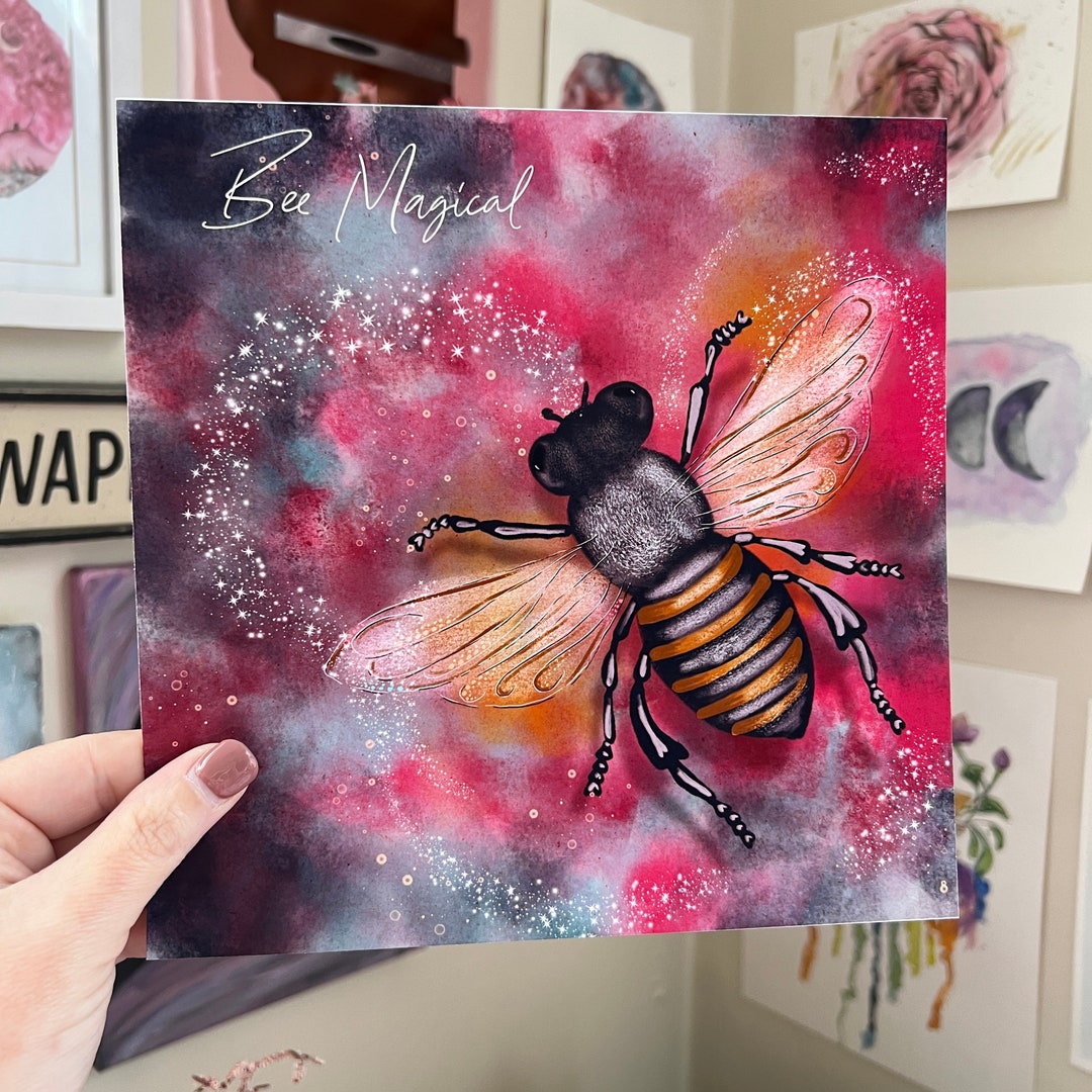 Bee Art Print: Hand Drawn Magical Insect, Colorful Starry Sky (8x8) - Etsy