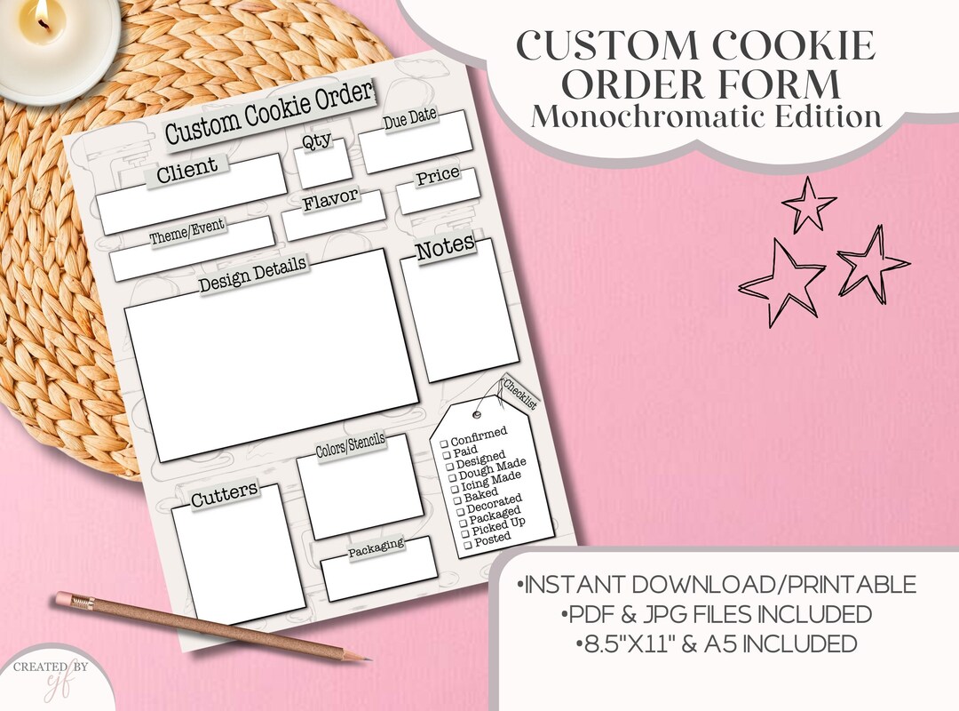 Custom Cookie Order Form, Monochromatic, Black & White, Planner Page ...