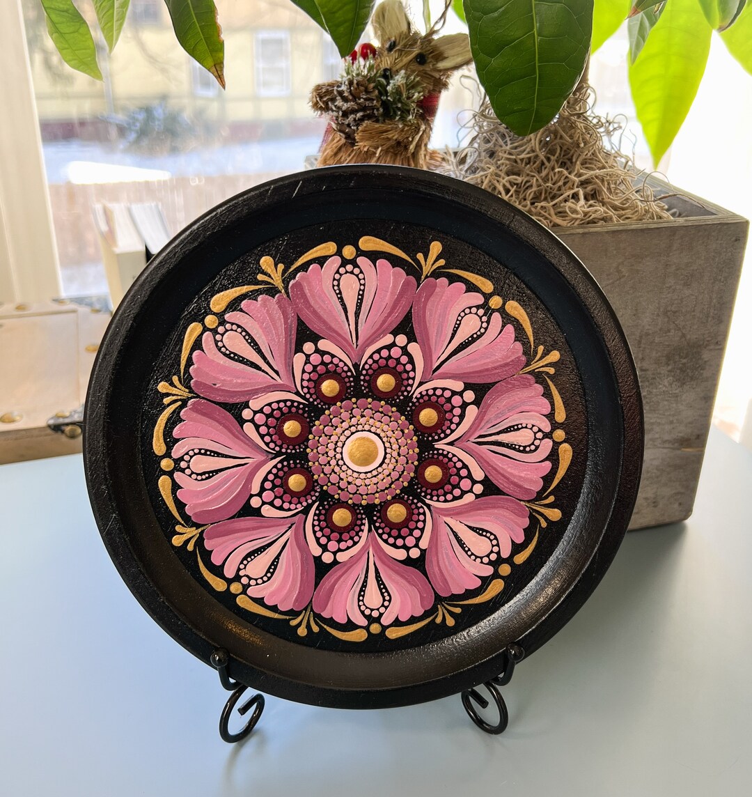 Hand Painted Mandala Round Decorative Saucer Tray, 8 Inch, Pink and ...