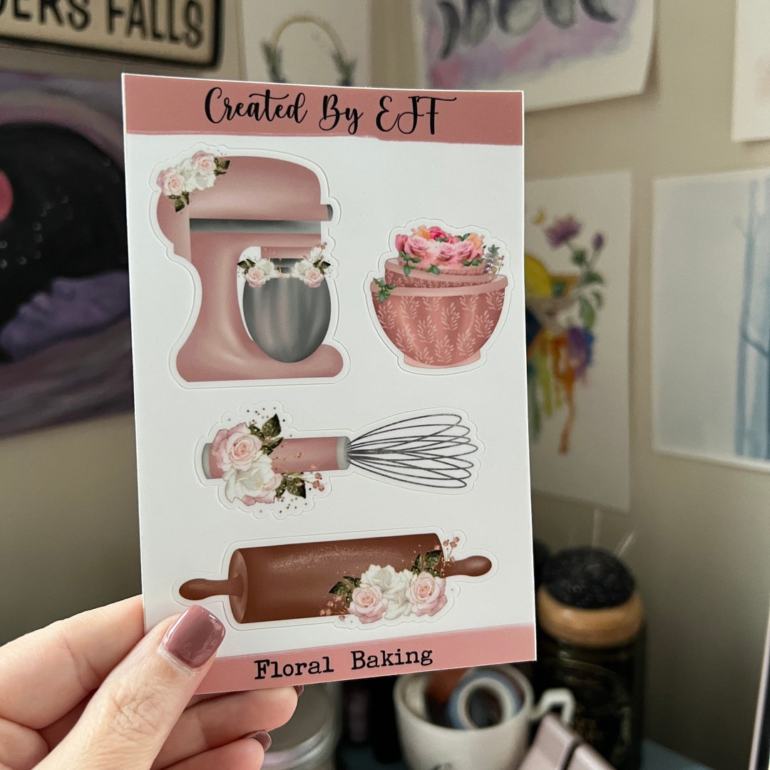 Pink Floral Baking Sticker Sheet, Rolling Pin, Whisk, Mixing Bowls ...