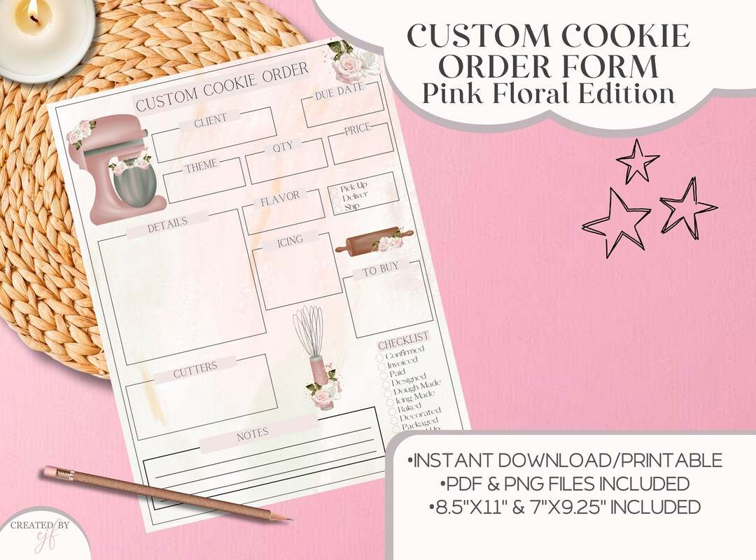 Custom Cookie Order Form, Pink Floral Edition, Planner Page, Printable ...