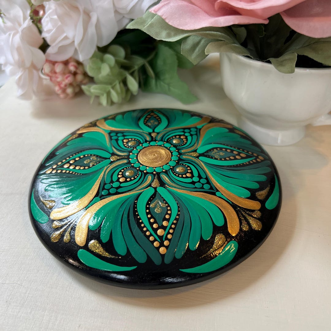 Hand Painted Mandala Rock 6" • Unique Home Decor Mindful Art Green ...