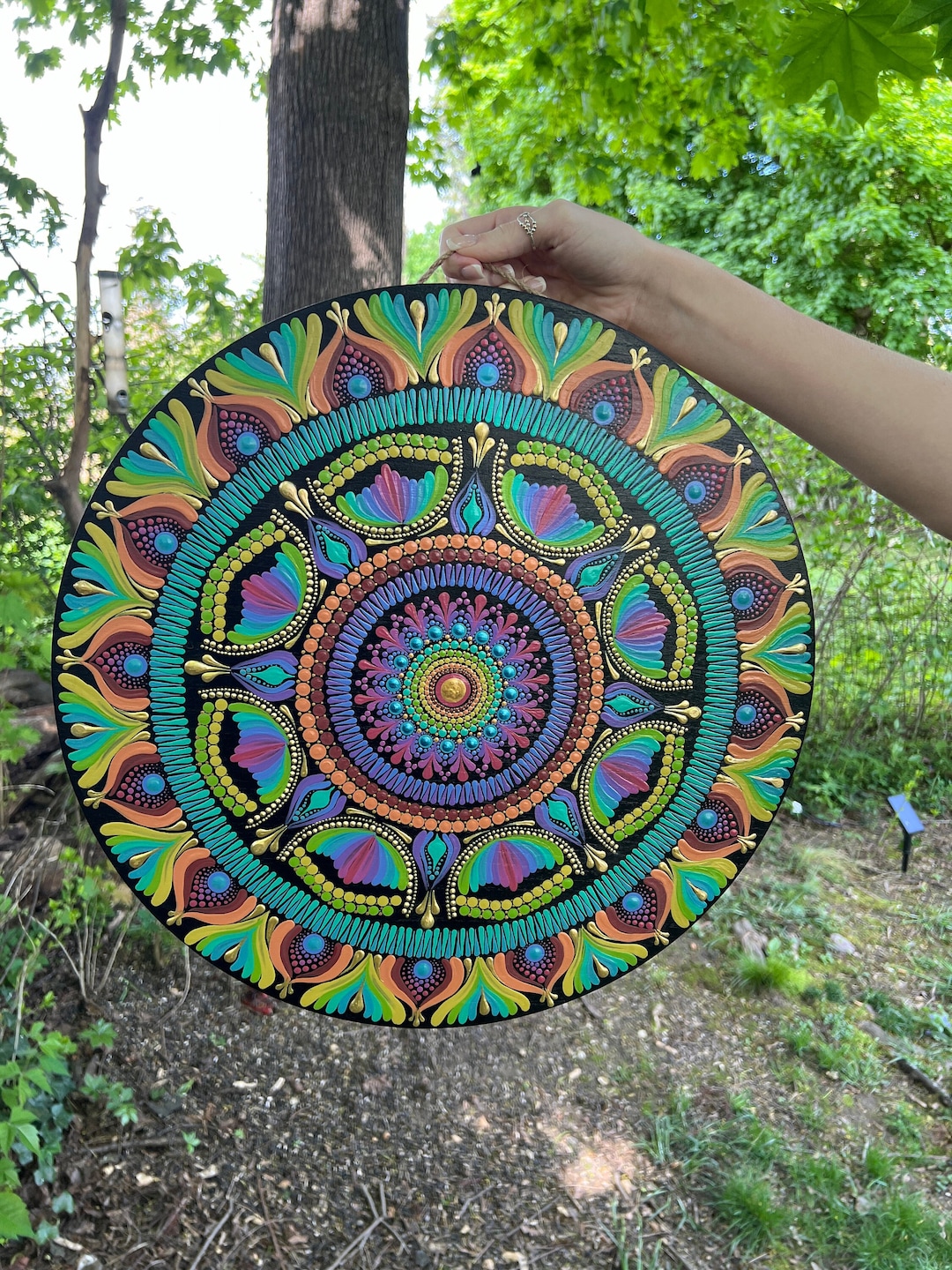 Hand Painted Mandala Rainbow Mandala on 18" Round Wood Board - Etsy