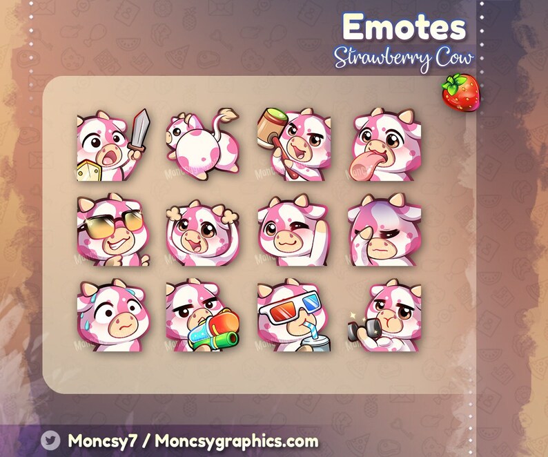 Cute Strawberry Cow Twitch Emotes / Kawaii Pink Cow Emotes for Your ...