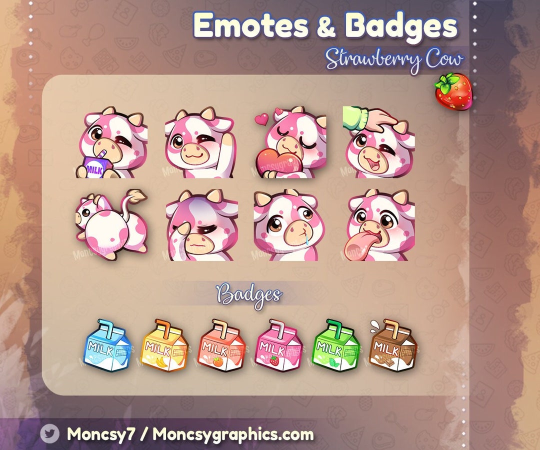 Cute Strawberry Cow Twitch Emotes and Milk Carton Badges / Kawaii Pink ...