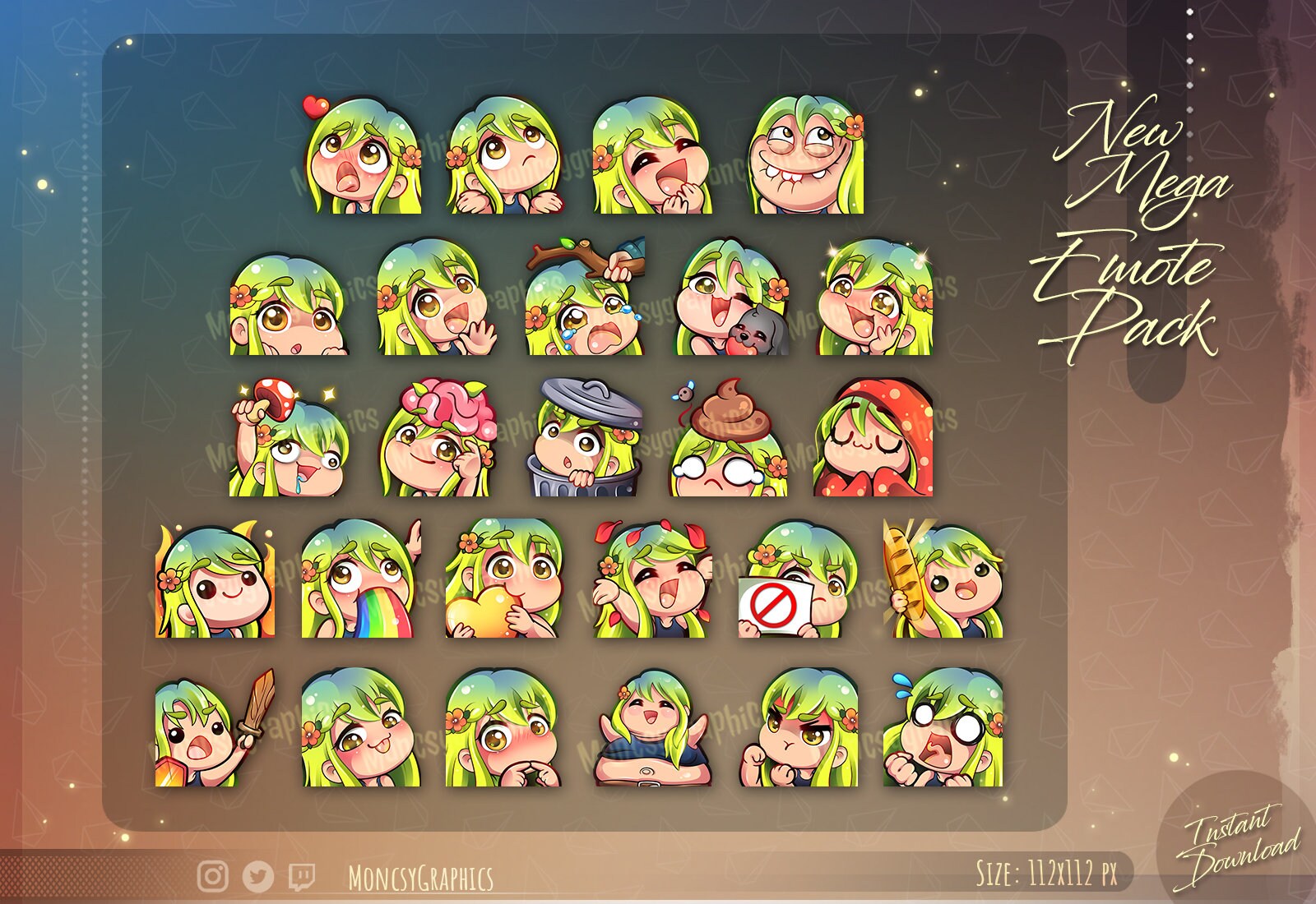 Twitch Green Hair Chibi Girl Emotes / Brown Eyes Girl Chibi Emotes for ...
