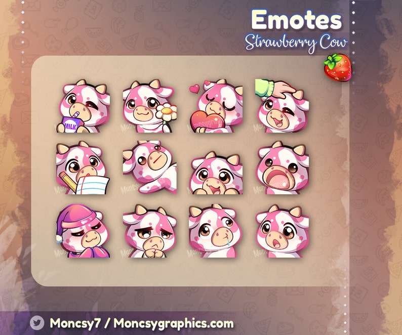 Cute Strawberry Cow Twitch Emotes / Kawaii Pink Cow Emotes for Your ...