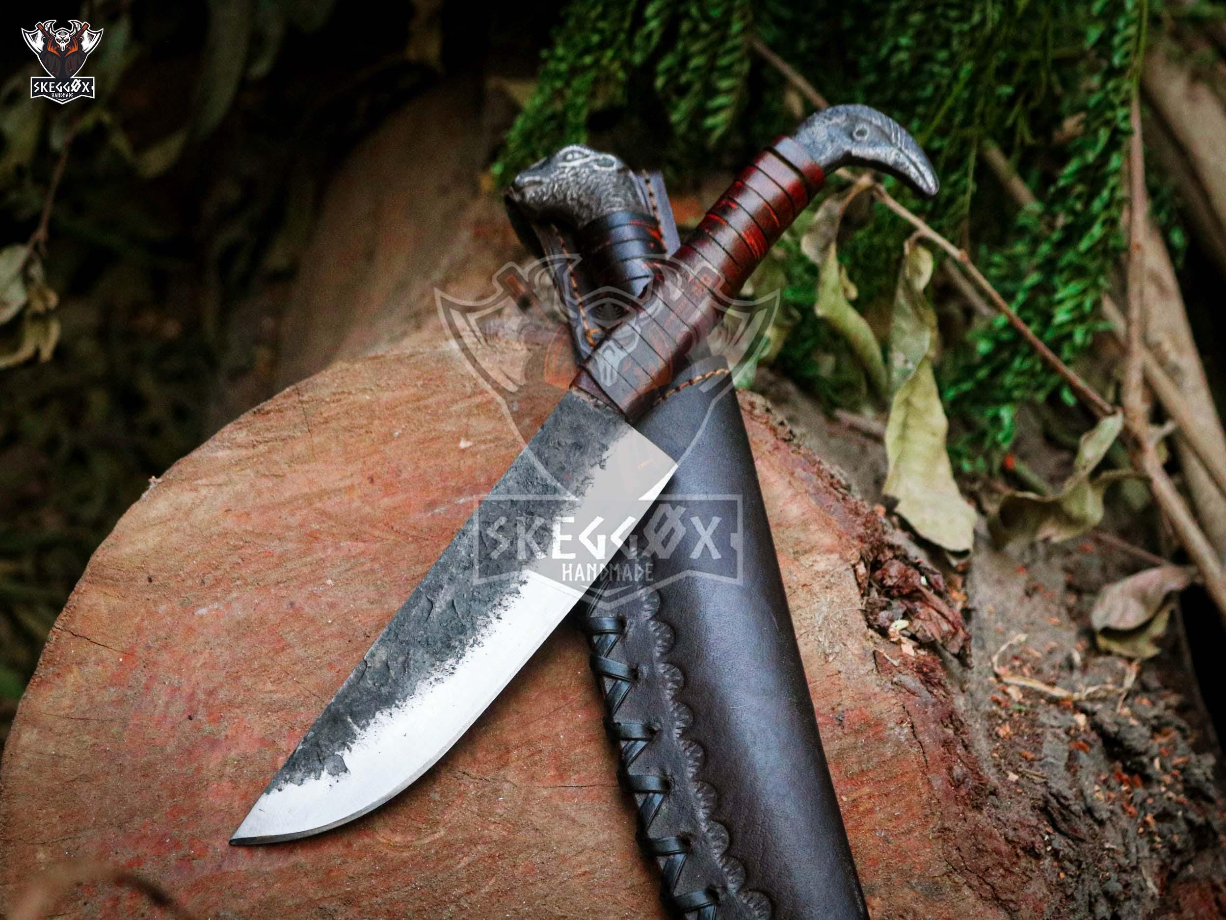 Hand Forged Damascus Steel Skinner Knife: Raven Head Handle, Leather ...