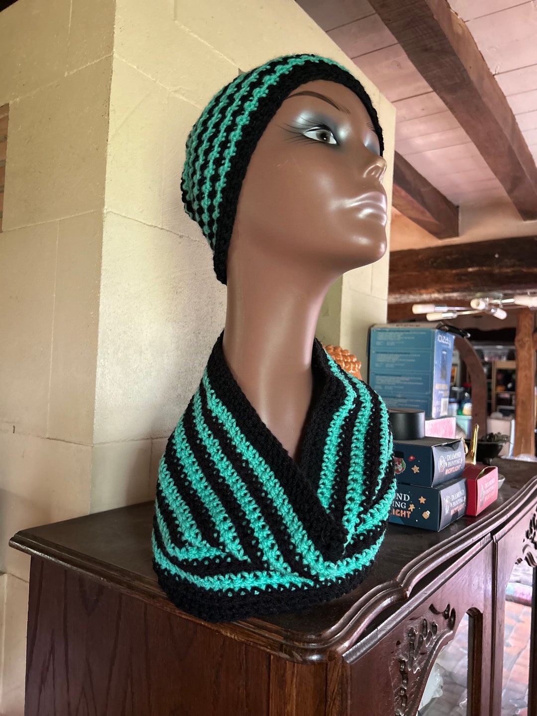 Green and Black Striped Hat and Snood Set - Etsy