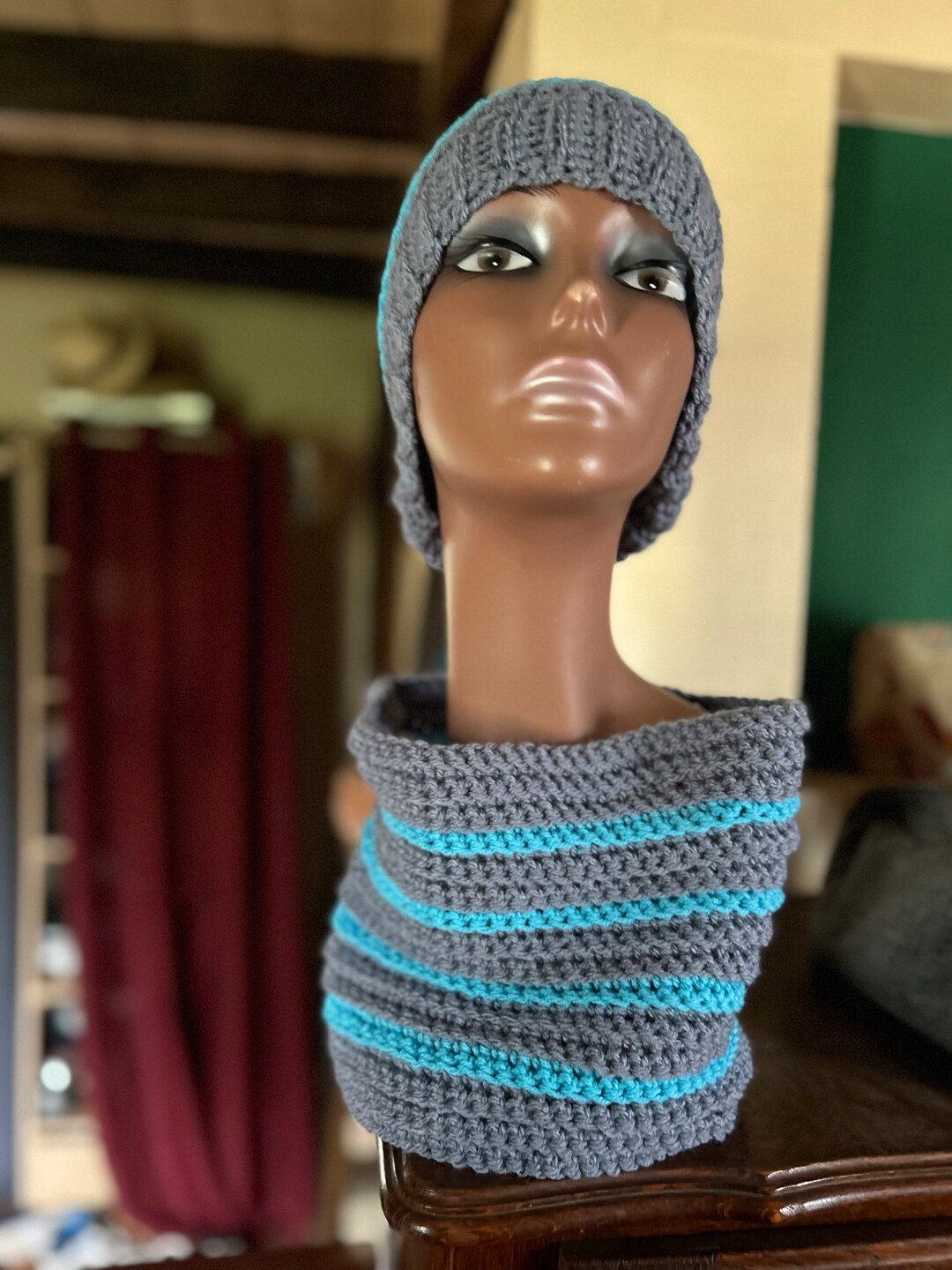 Turquoise and Gray Hat and Snood Set - Etsy