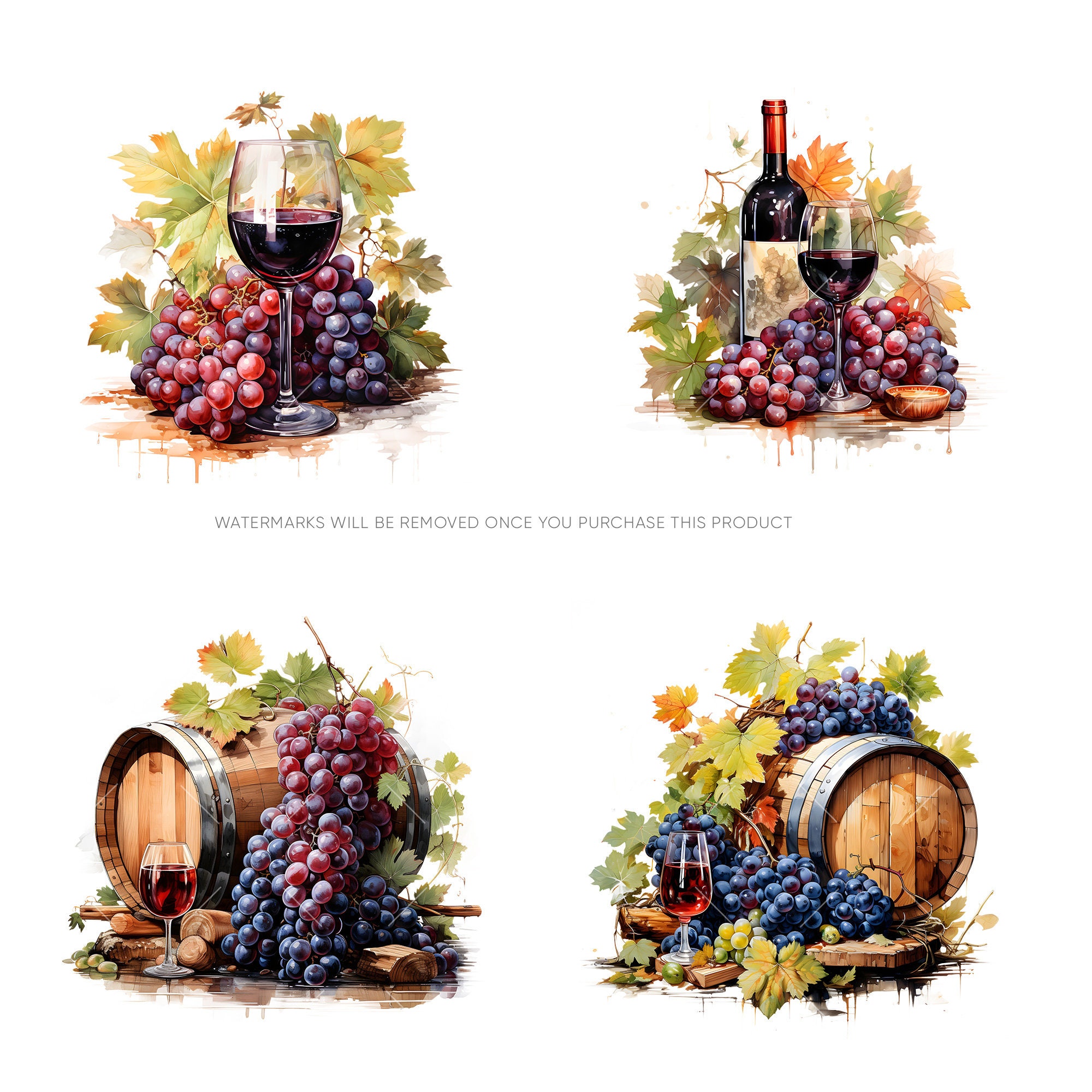 18 Watercolor Wine Clipart | Transparent PNG | Ready to Print ...