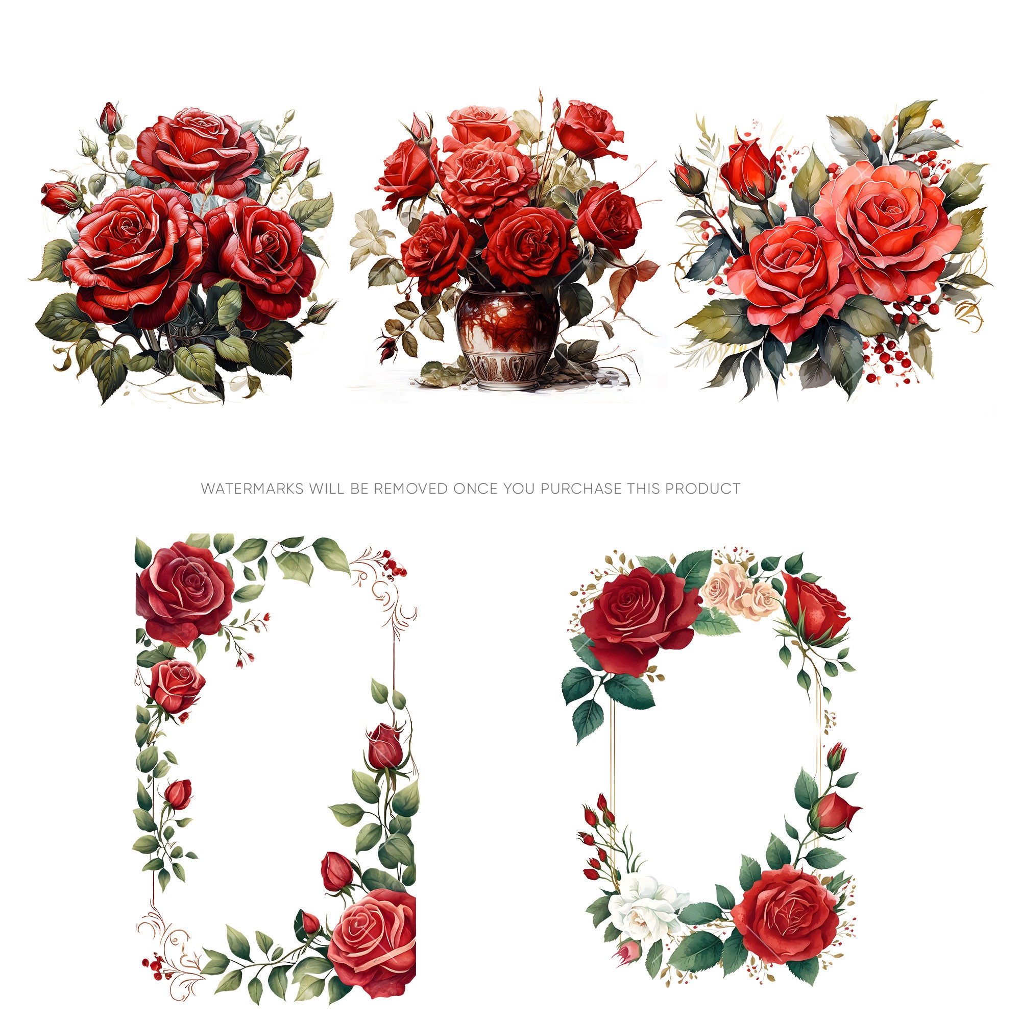 15 Watercolor Red Roses Clipart | 15 Transparent PNG | Ready to Print ...