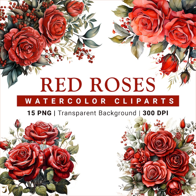 15 Watercolor Red Roses Clipart | 15 Transparent PNG | Ready to Print ...