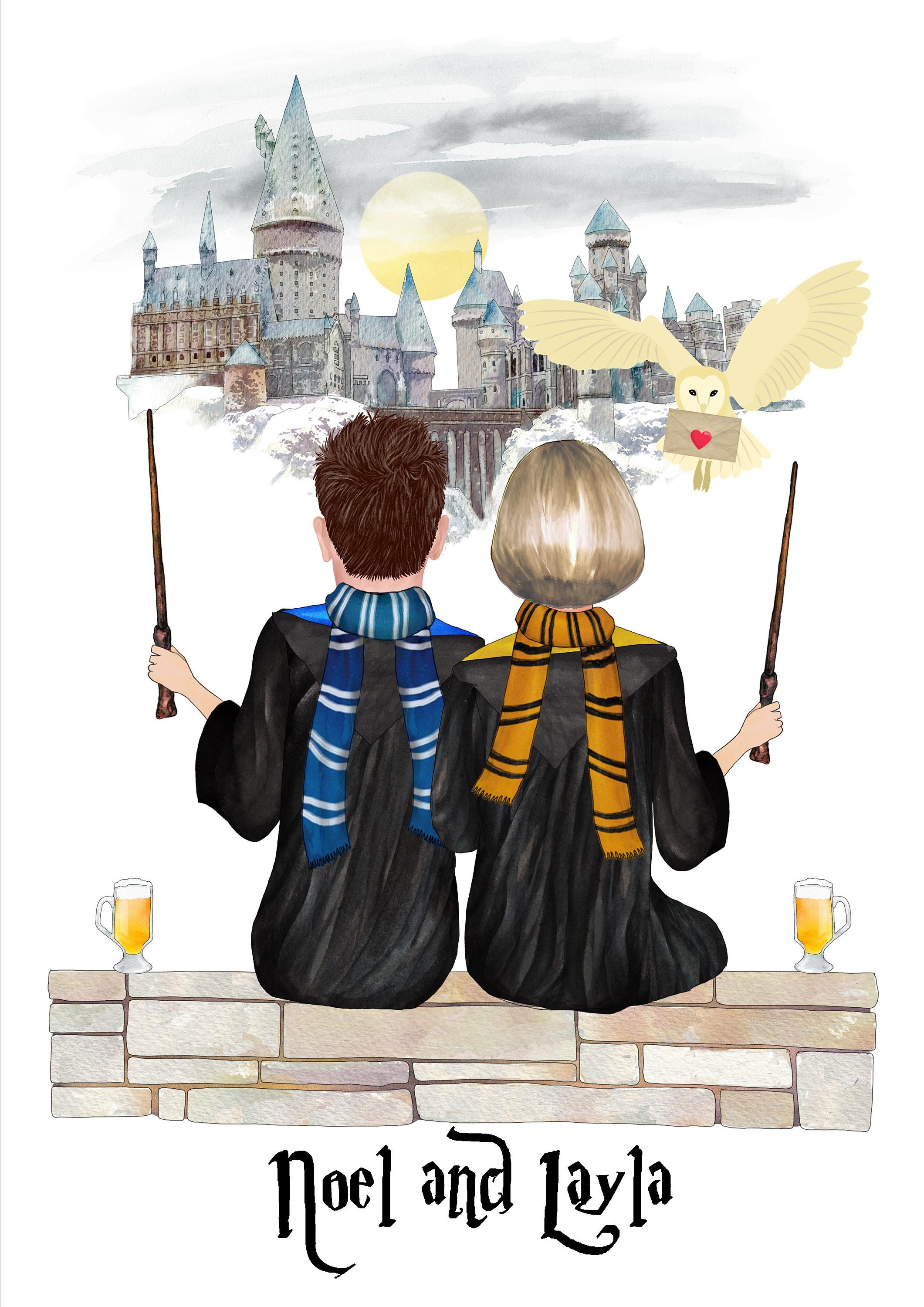 Wizard Friends / Couple / Family Personalised Portrait Print Digital ...