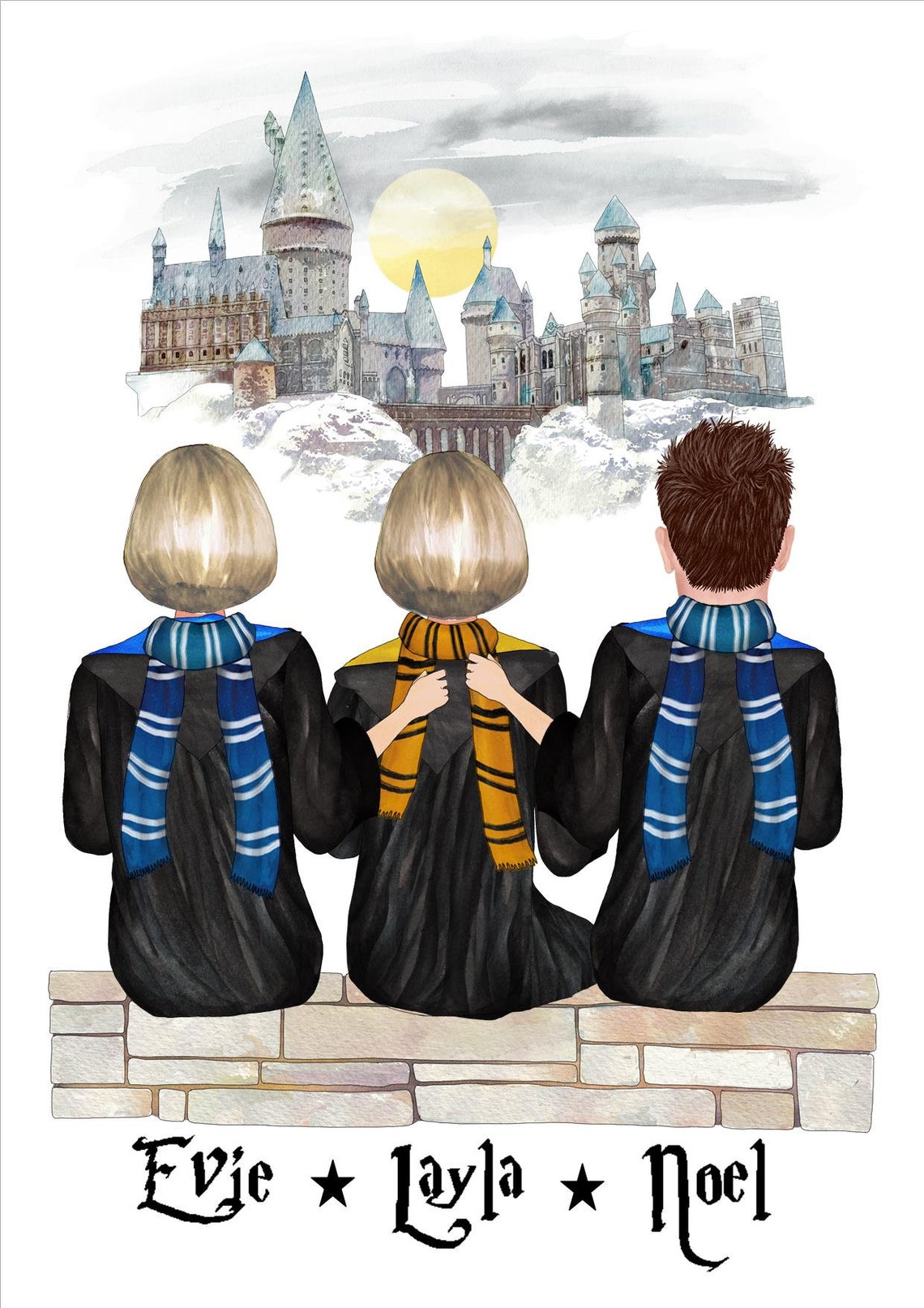 Wizard Friends / Couple / Family Personalised Portrait Print Digital ...