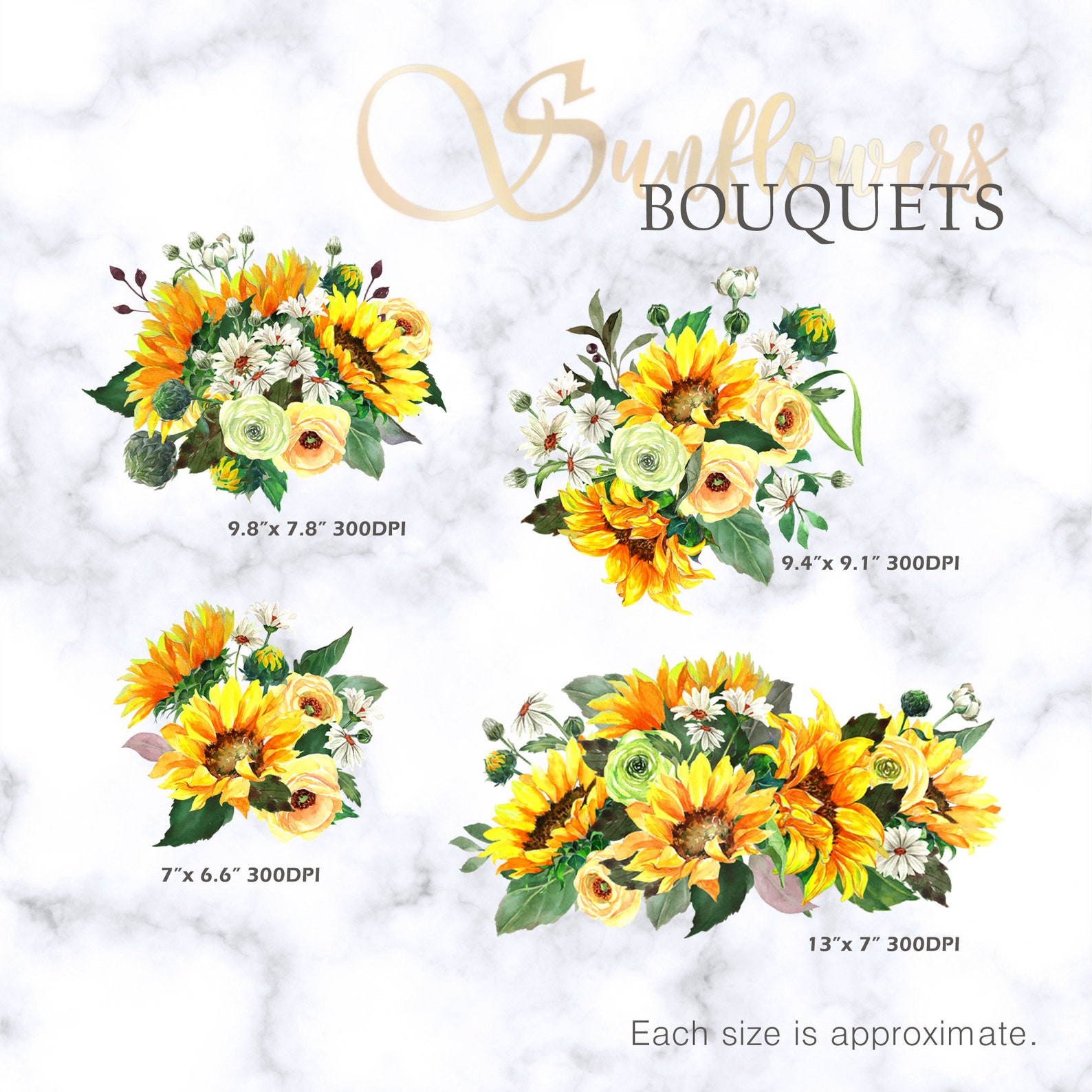Sunflower Watercolor Clipart, Sunflower Elements, Floral Bouquets ...