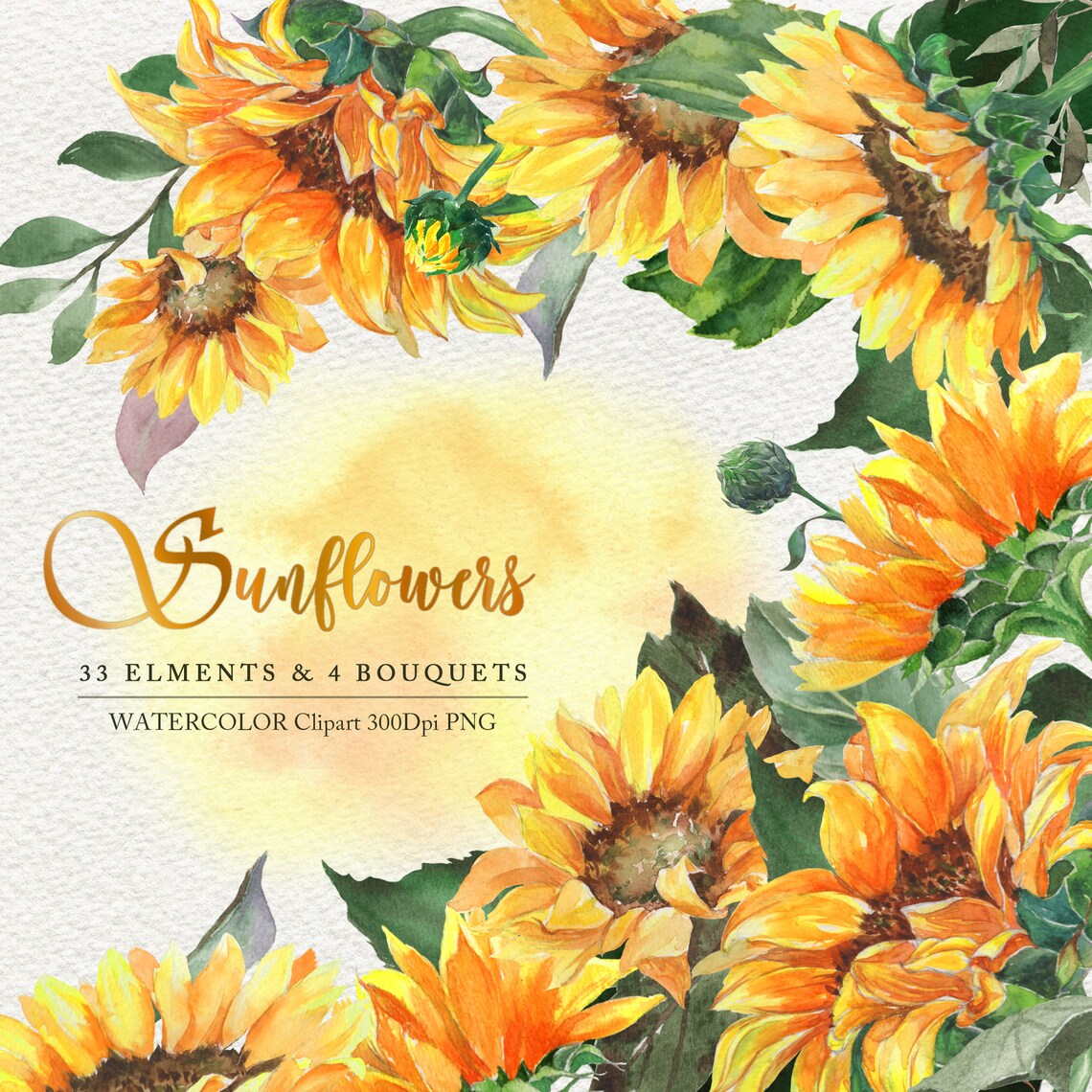 Sunflower Watercolor Clipart, Sunflower Elements, Floral Bouquets ...