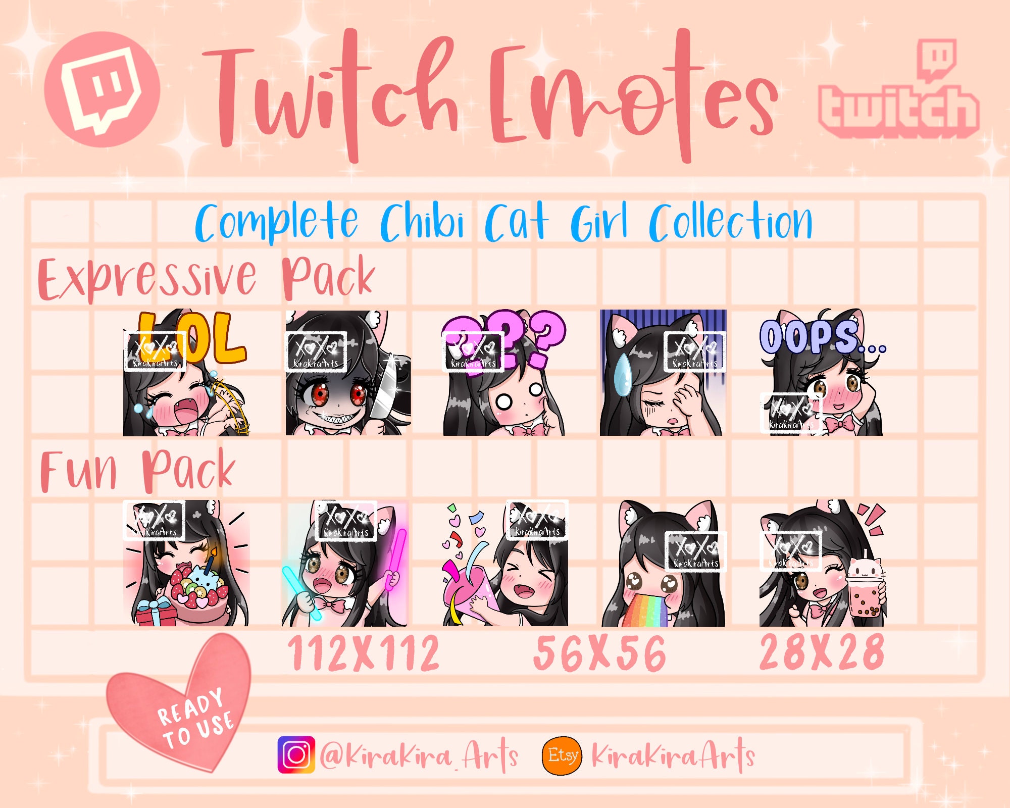 Twitch Emotes Chibi Girl Emotes Gamer Pack Black Hair | Etsy