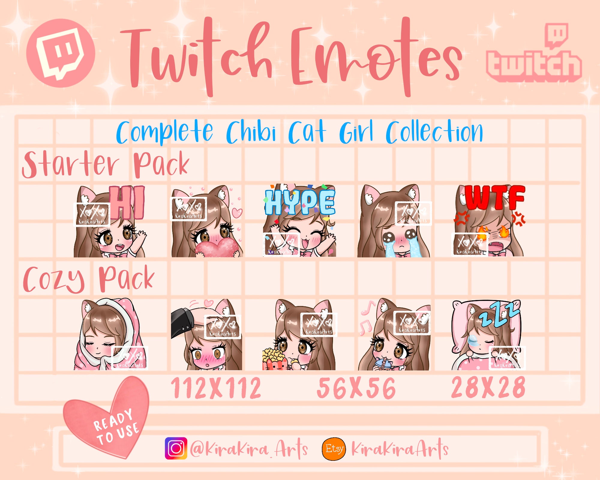 Twitch Emotes Chibi Girl Emotes Expressive Pack Brown Hair Cat Ears Cat