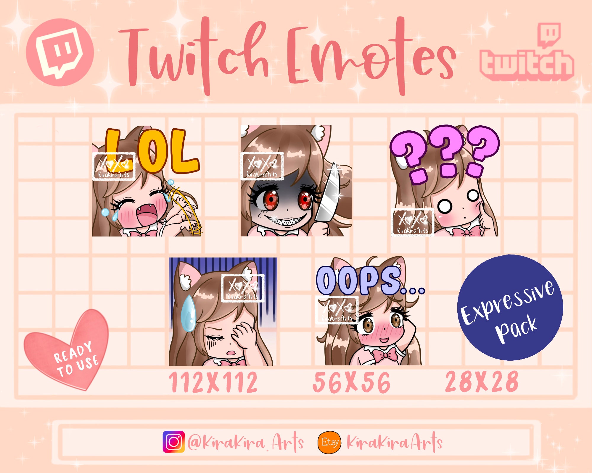 Twitch Emotes Chibi Girl Emotes Expressive Pack Brown Hair Cat Ears Cat