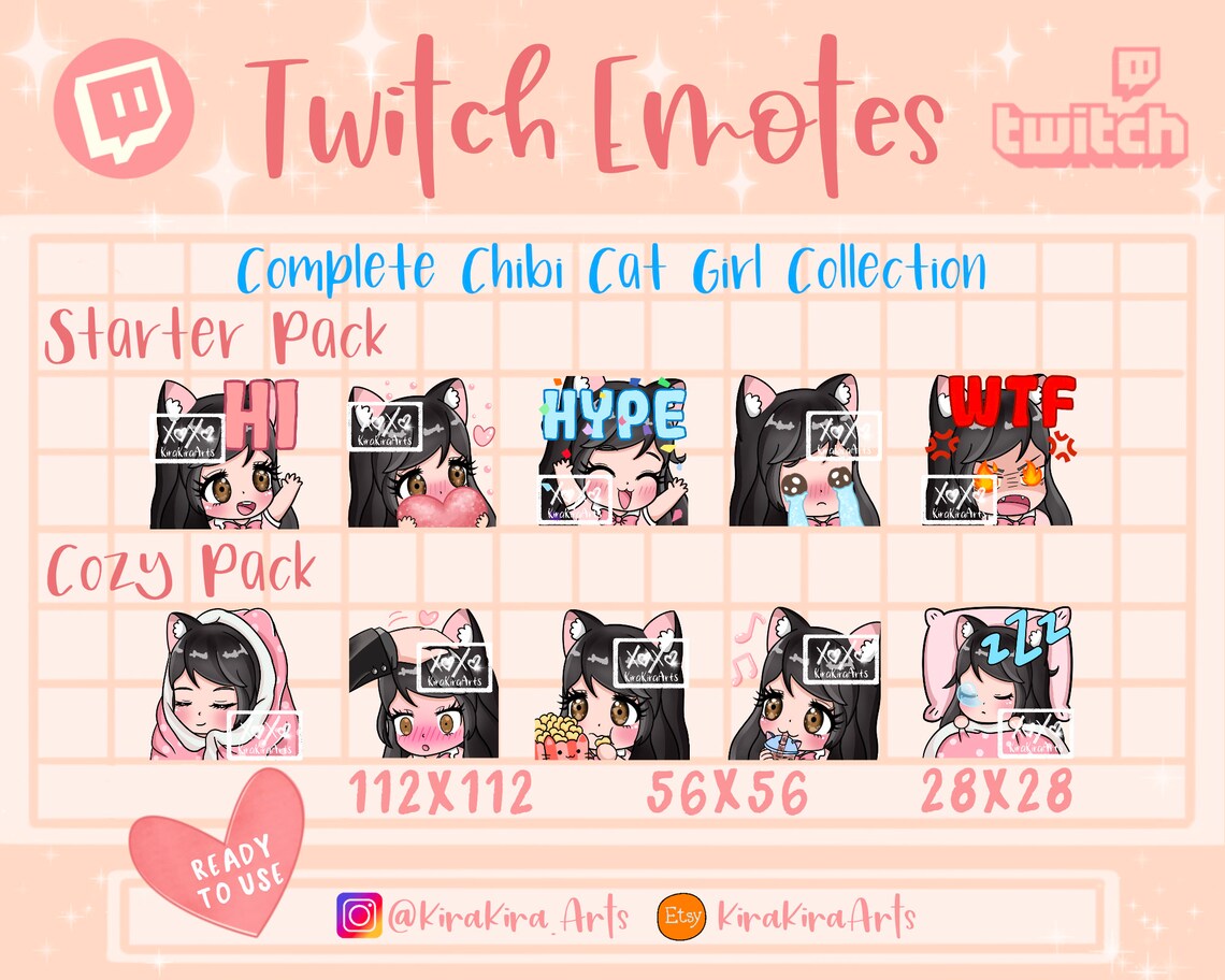 Twitch Emotes Chibi Girl Emotes Cozy Pack Black Hair Cat - Etsy