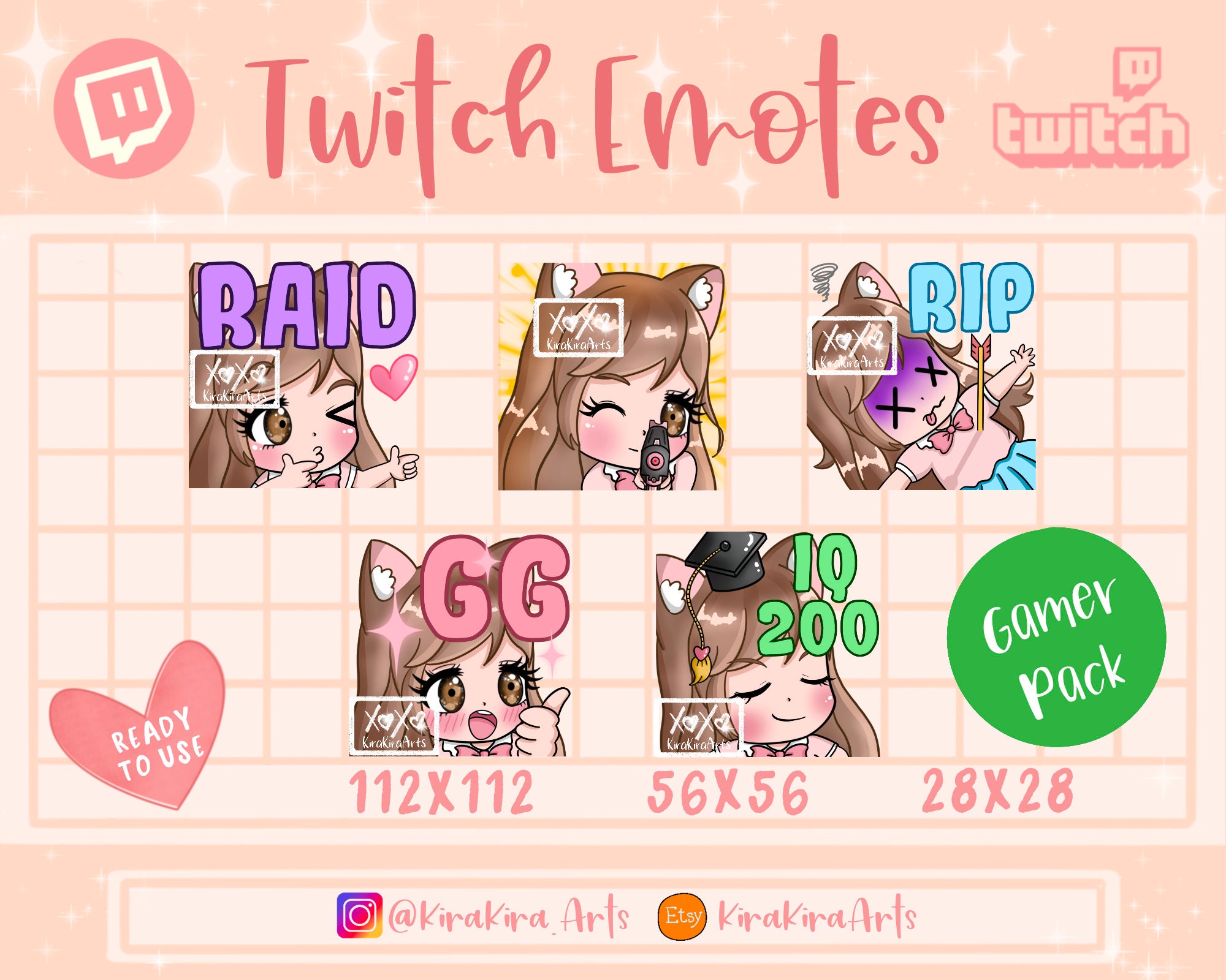 Twitch Emotes Chibi Girl Emotes Gamer Pack Brown Hair Cat Ears Cat Girl ...