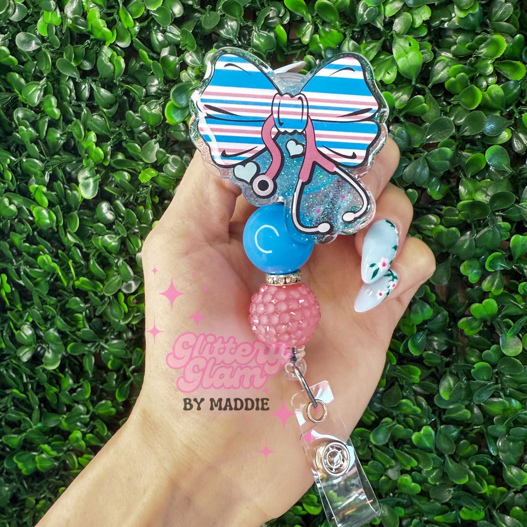 NICU Nurse Badge Reel With Bow and Beads – Glitter Stethoscope ID ...