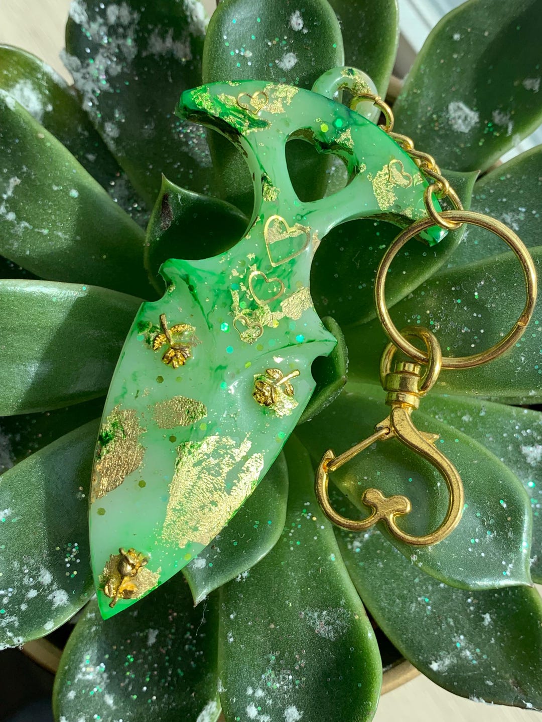 Green & Gold Rose Heart Dagger Tie Dye Keychain, Resin - Etsy