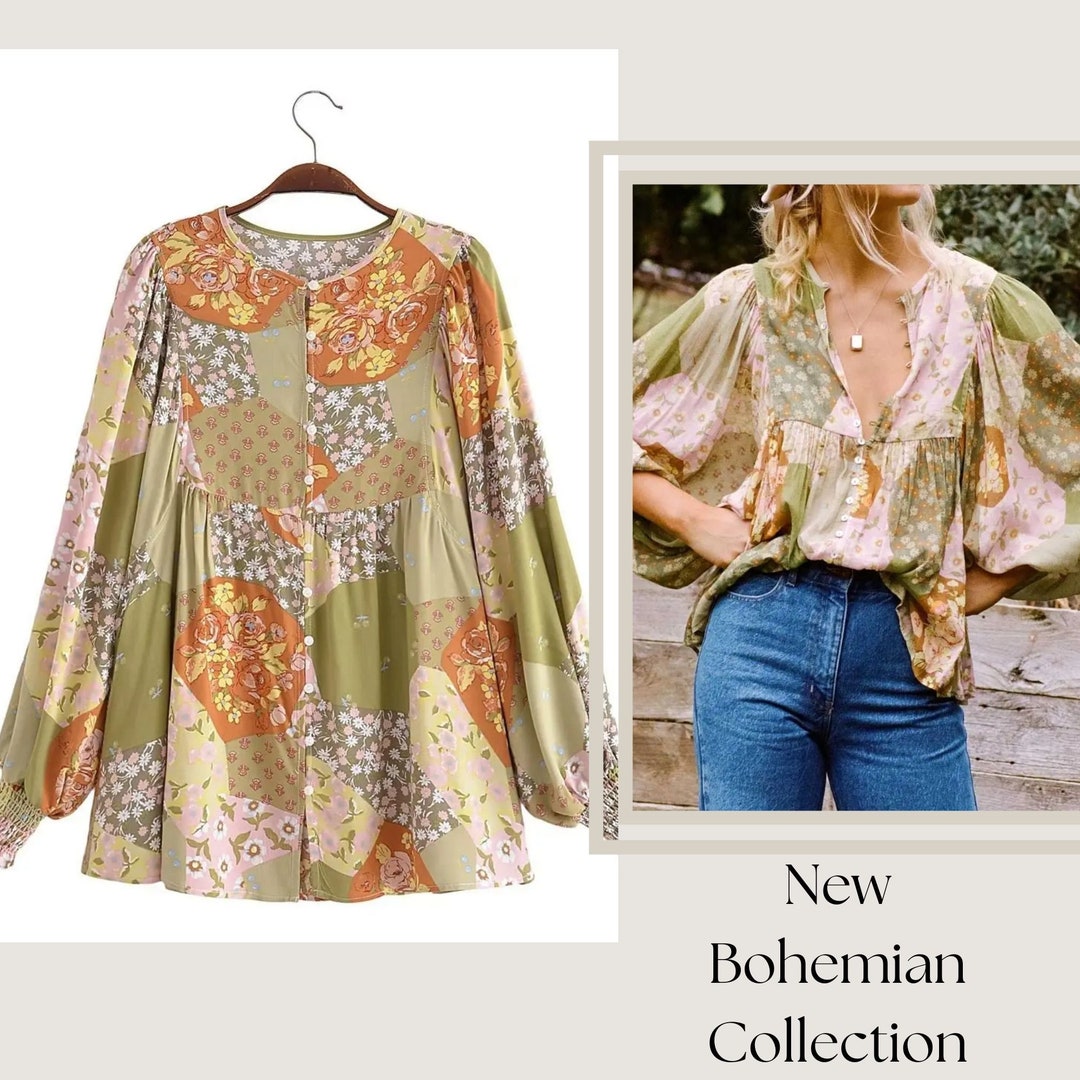 Fall COTTON Bohemian Long Sleeve Blouse, Boho Patchwork Blouse, Button ...
