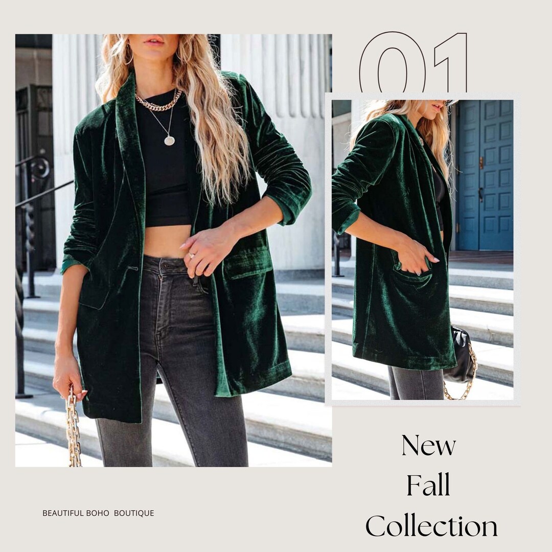 Elegant Green Velvet Blazer, Autumn and Winter Wardrobe, Casual Long ...