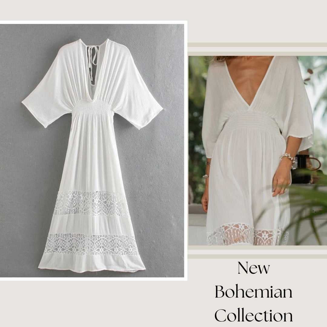 SEPHORA Bohemian Beach Dress white Deep V Neck Maxi Floral Dress Cotton ...