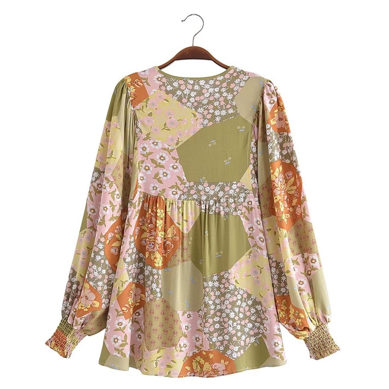 Fall COTTON Bohemian Long Sleeve Blouse, Boho Patchwork Blouse, Button ...
