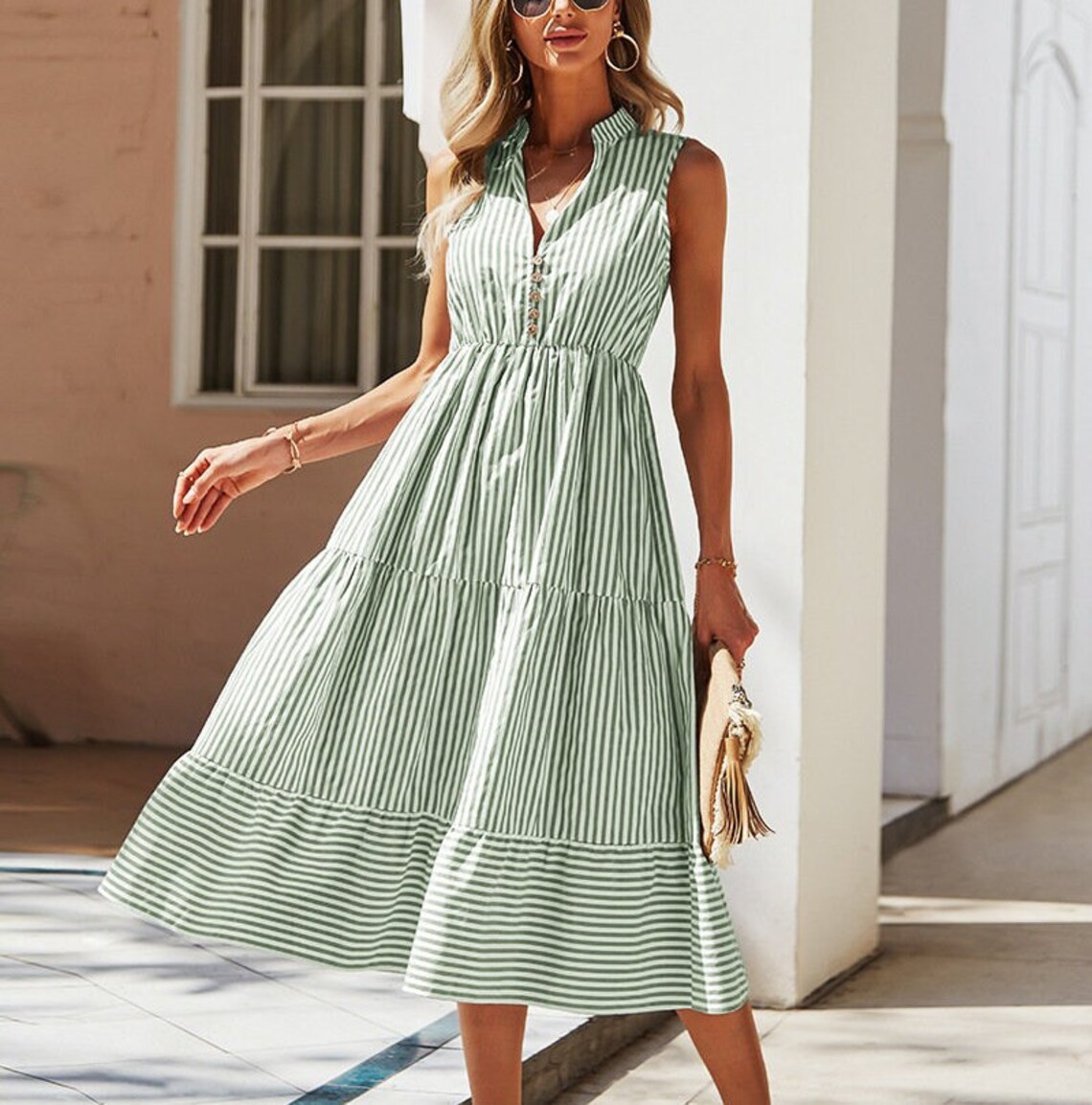 Spring Bohemian Striped Sage Green Buttoned Midi Dress - Etsy