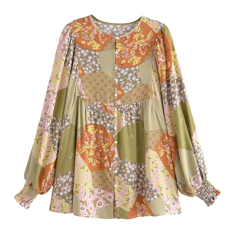 Fall COTTON Bohemian Long Sleeve Blouse, Boho Patchwork Blouse, Button ...