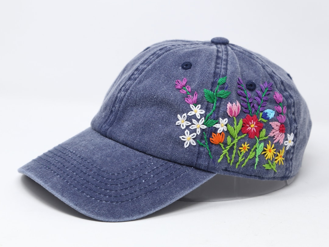 Wash Cotton Baseball Cap, Hand Embroidered Flower Garden Hat, Curved ...