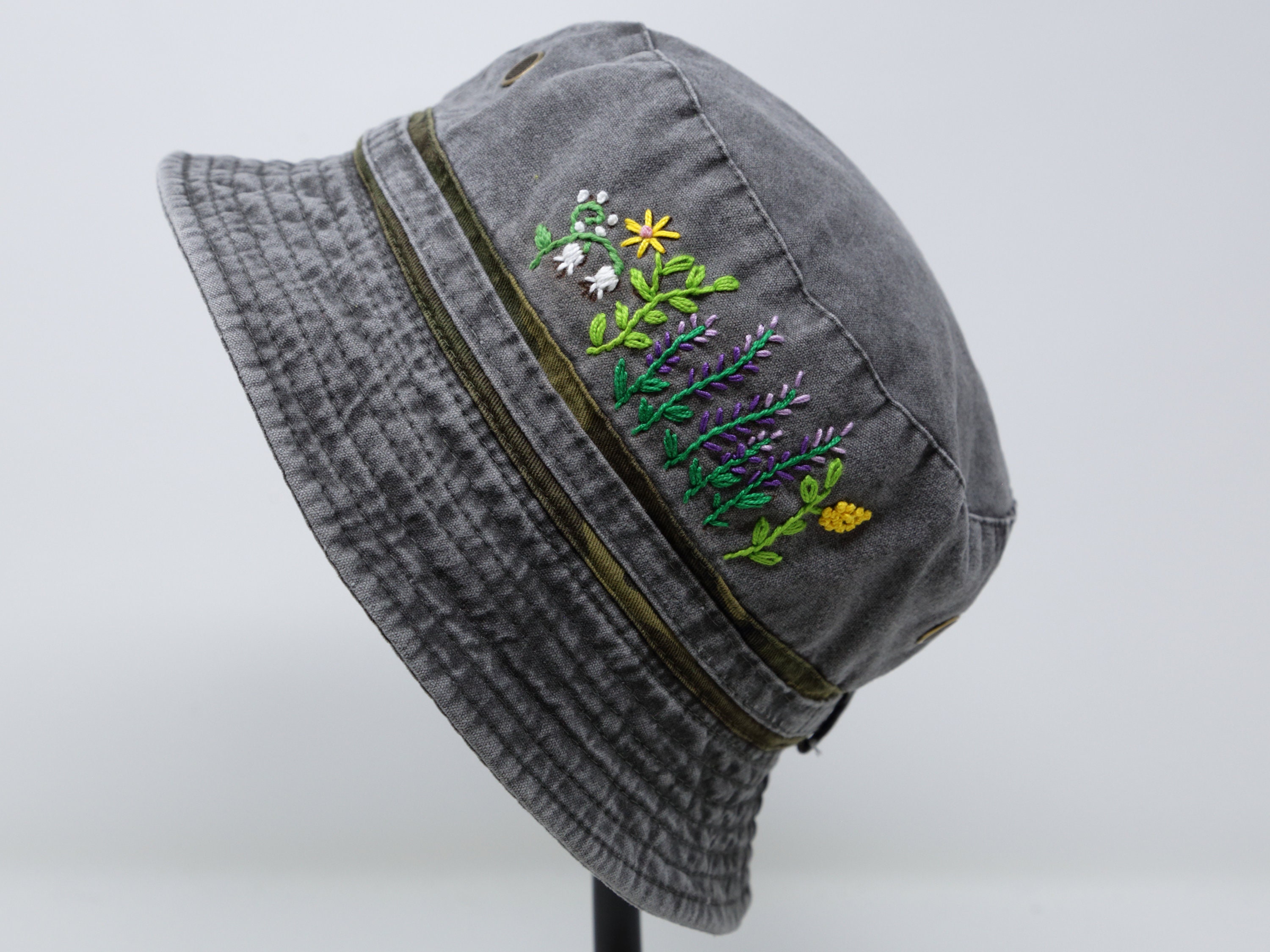 Hand Embroidered Lavender Wild Flower Bucket Hat Jean Black Etsy
